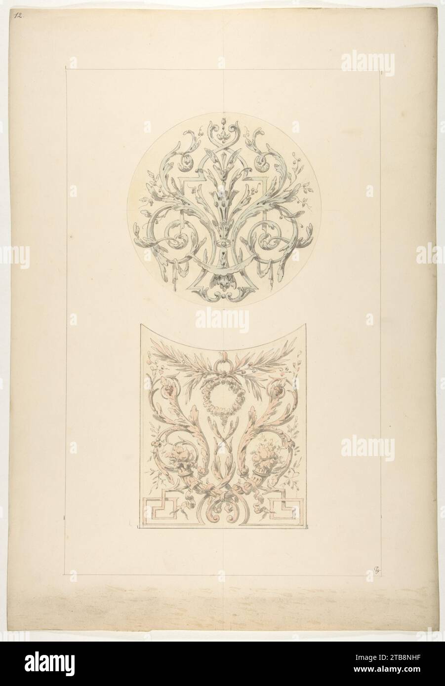 Two designs for decorative motifs featuring cornucopia and rinceaux ...