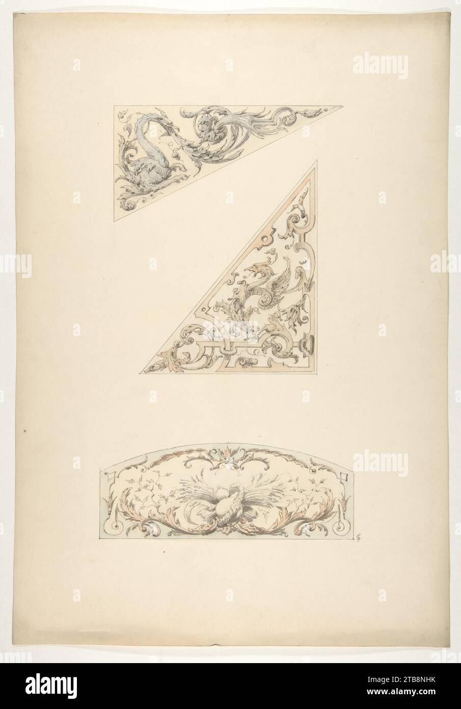 Three designs for painted decorative motifs featuring griffins and ...