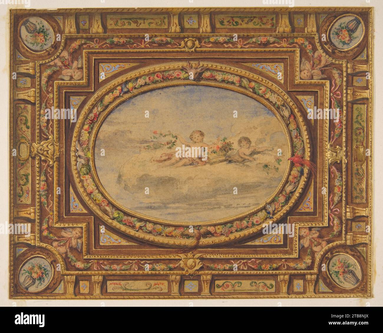 Design for a painted ceiling with putti on clouds in a central oval ...