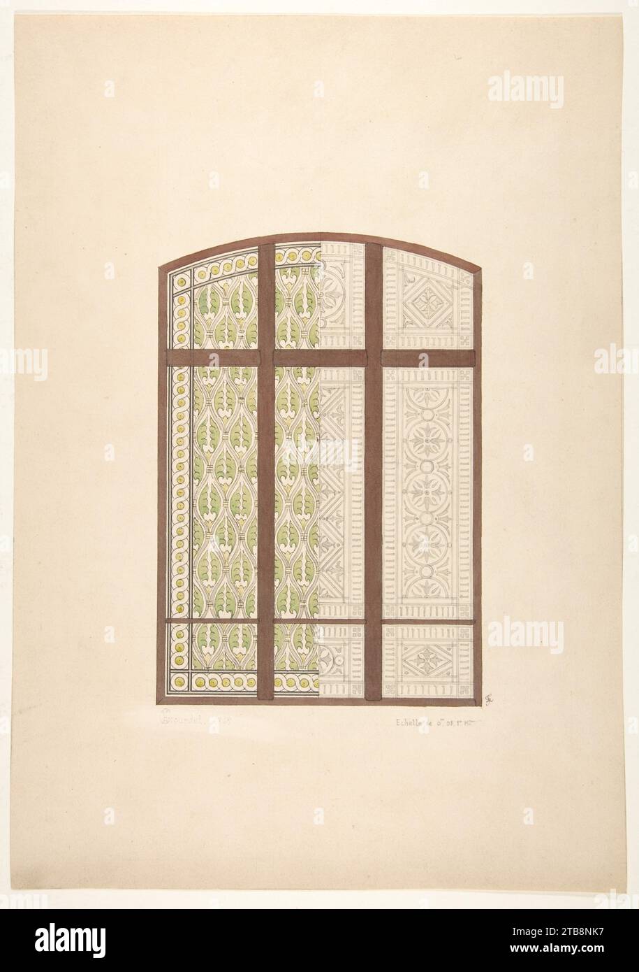 Design for an arched stained glass window, showing two alternative ...