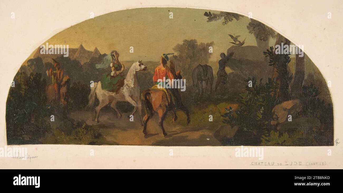 Mural design picturing riders in a landscape for a lunette in the ...