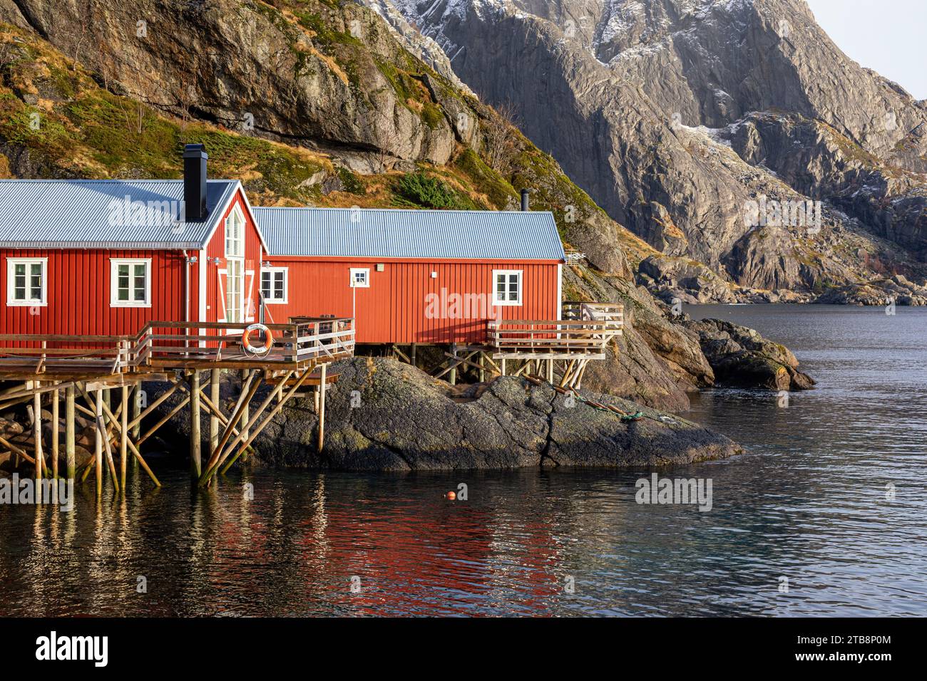 Rorbuer wooden houses in Nusfjord in the Lofoten Islands in winter ...