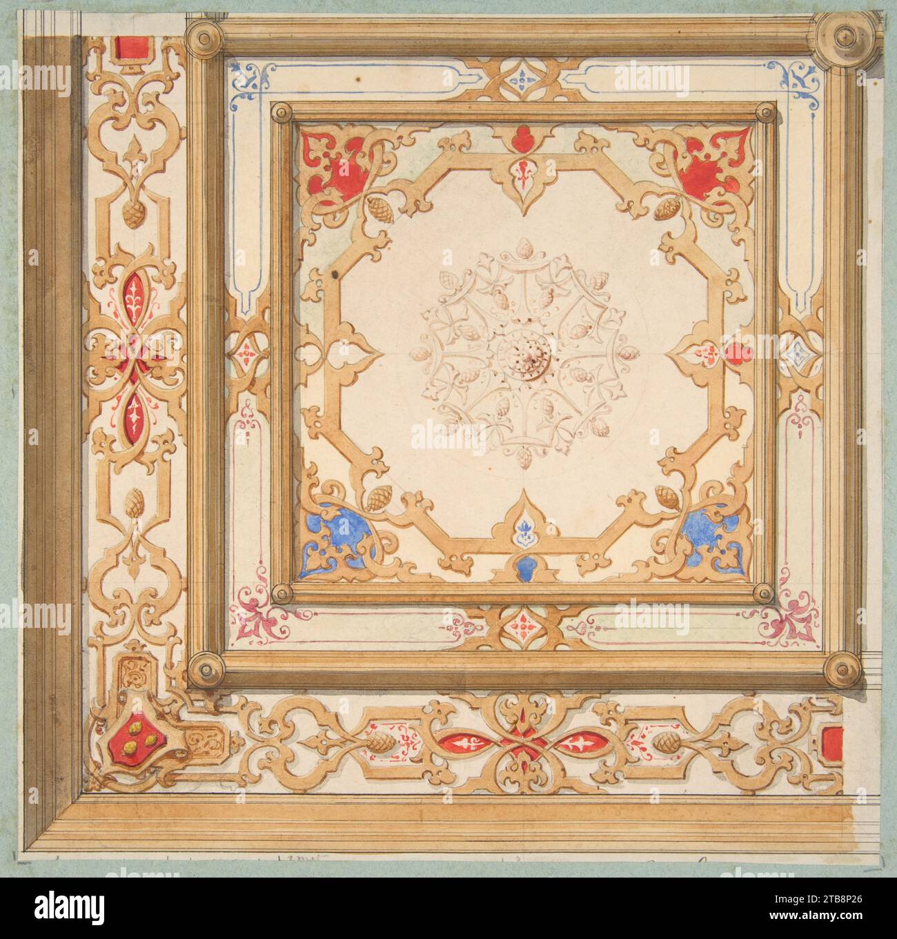 Partial design for a ceiling painted in strapwork and pine cone motifs ...