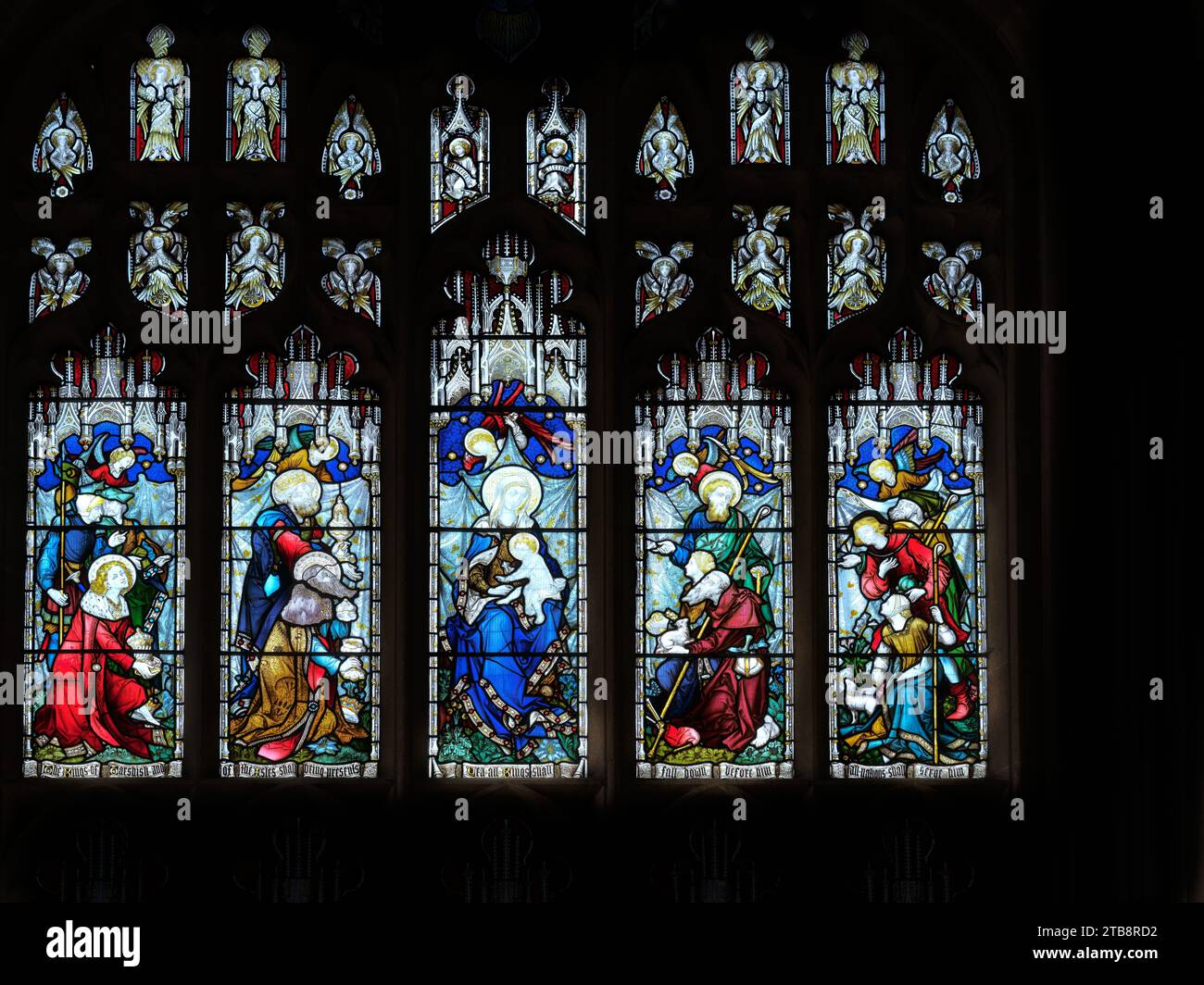 Stained-glass window of events around the birth of Jesus Christ (kings ...
