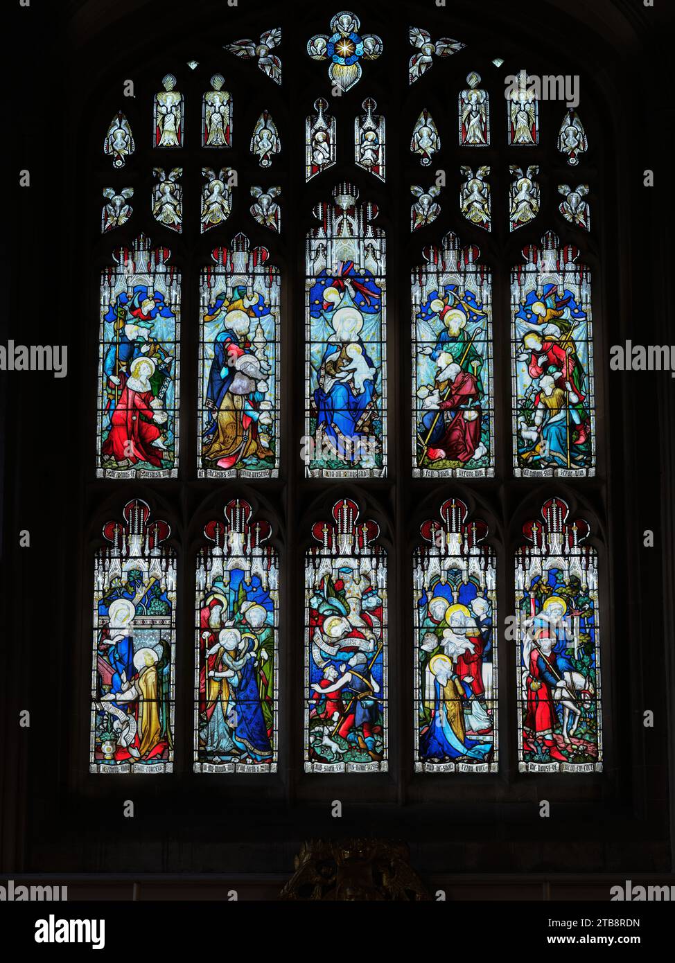 Stained-glass window, depicting events around the birth of Jesus Christ ...