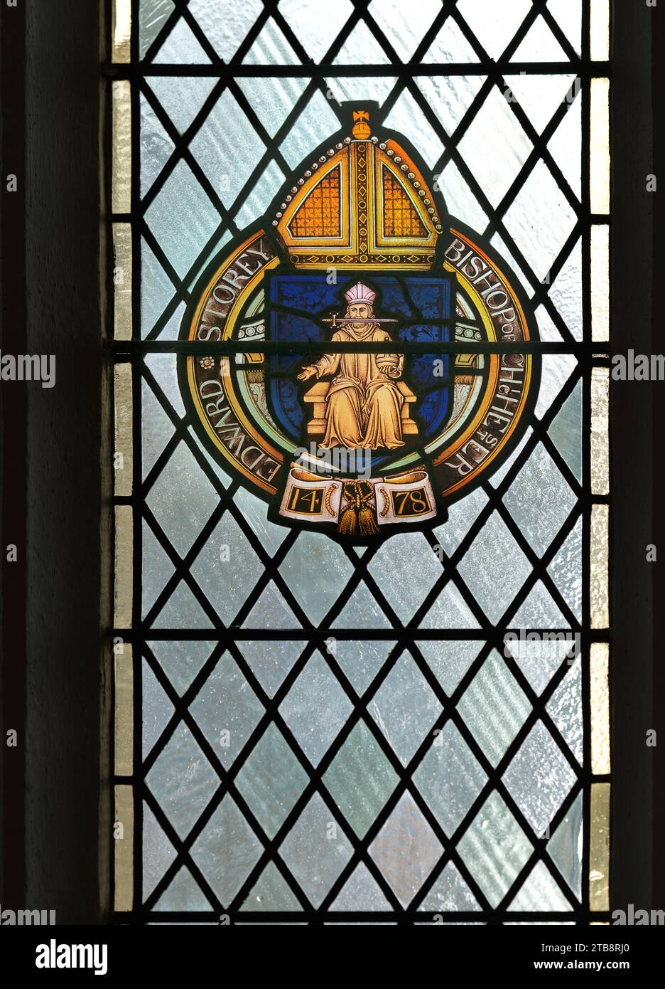 A partial stained-glass window, of Edward Storey, bishop of Chichester, donor 1478, in the ...