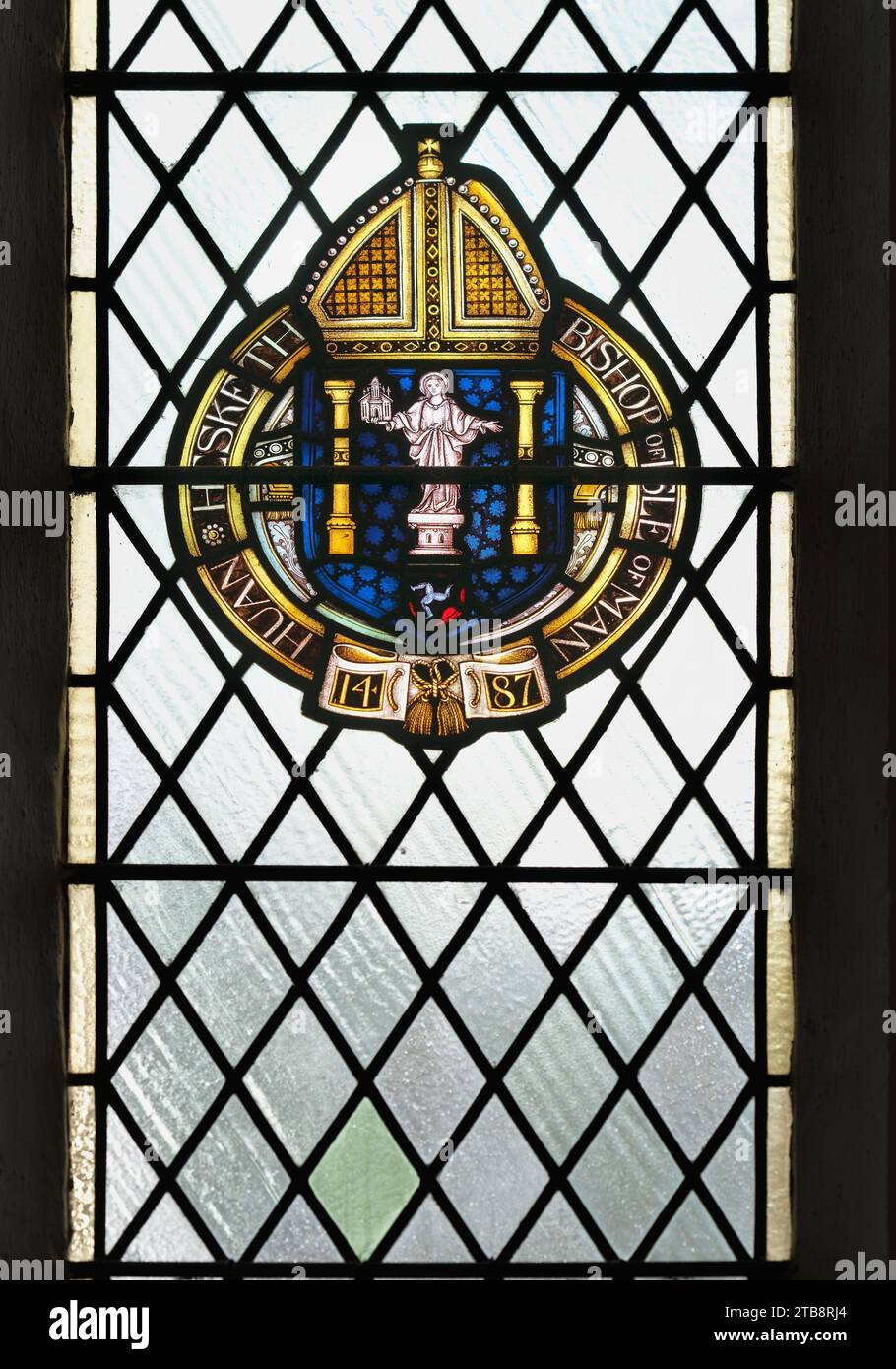 A partial stained-glass window, Huan Hesketh, bishop of Isle of Man ...