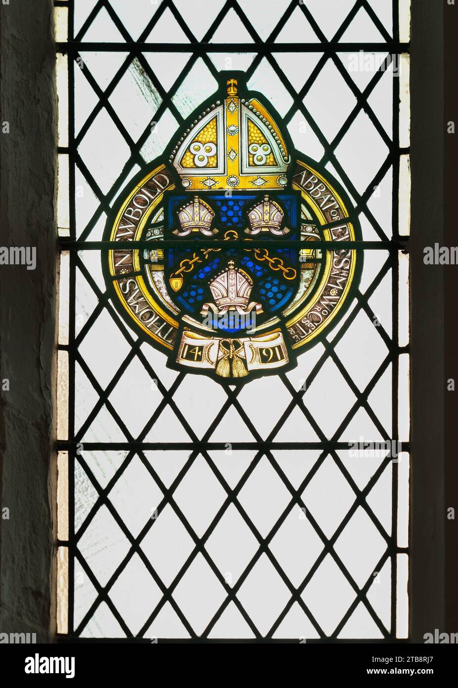 A partial stained-glass window, of Thomas Newbold, abbot of Evesham ...