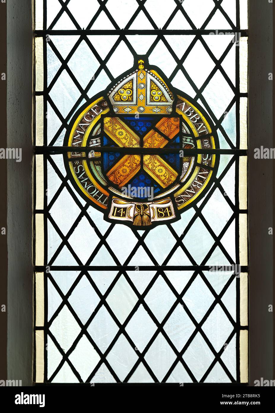 A partial stained-glass window, of Thomas Ramage, abbot of St Albans ...