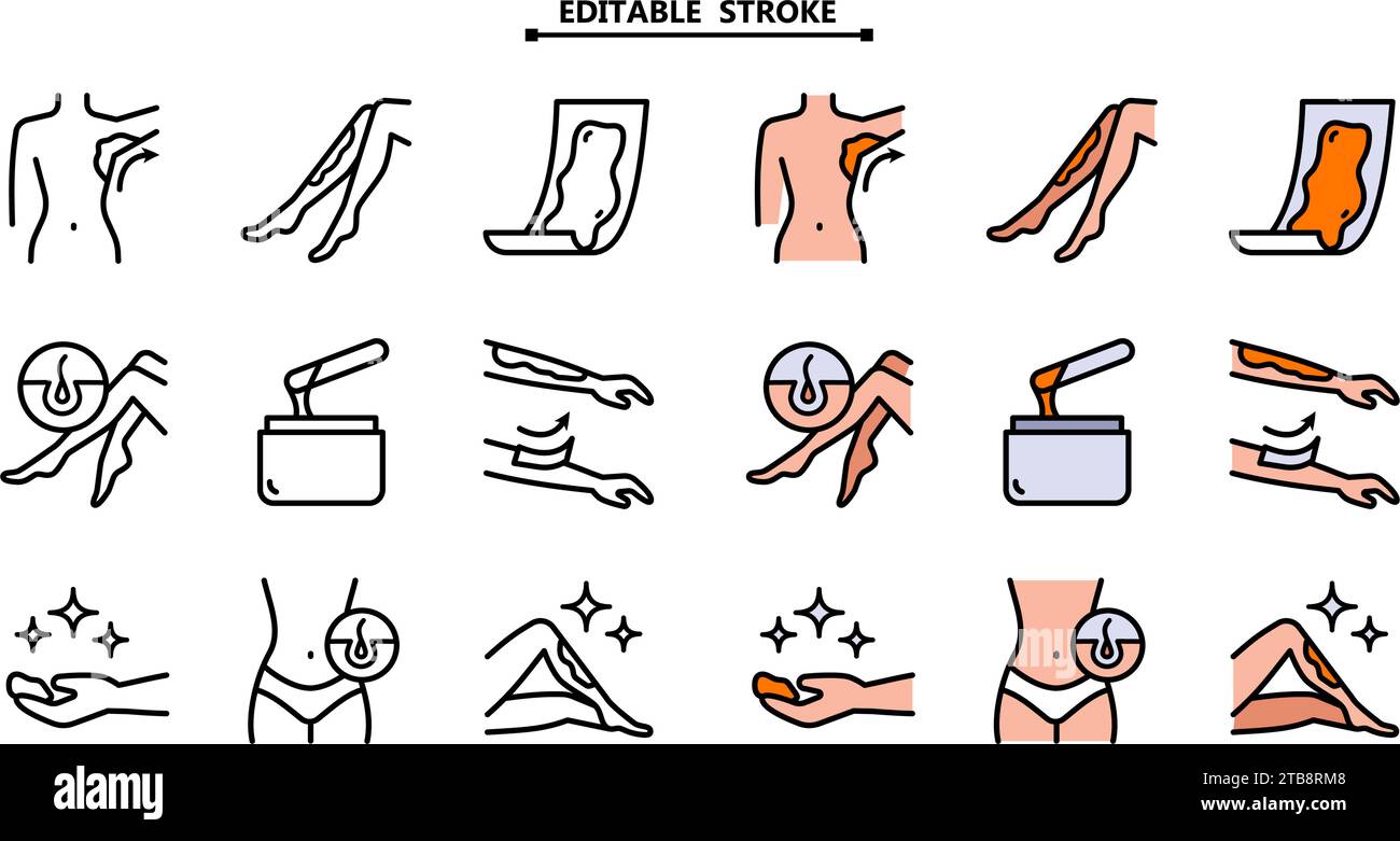 Removing hair by using sugaring or strip wax. Editable stroke. Beauty treatment icons. Waxing ...
