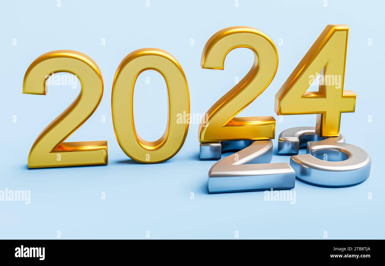 New year 2024 holiday concept. Gold number 2024 lies at 2023. 3d ...