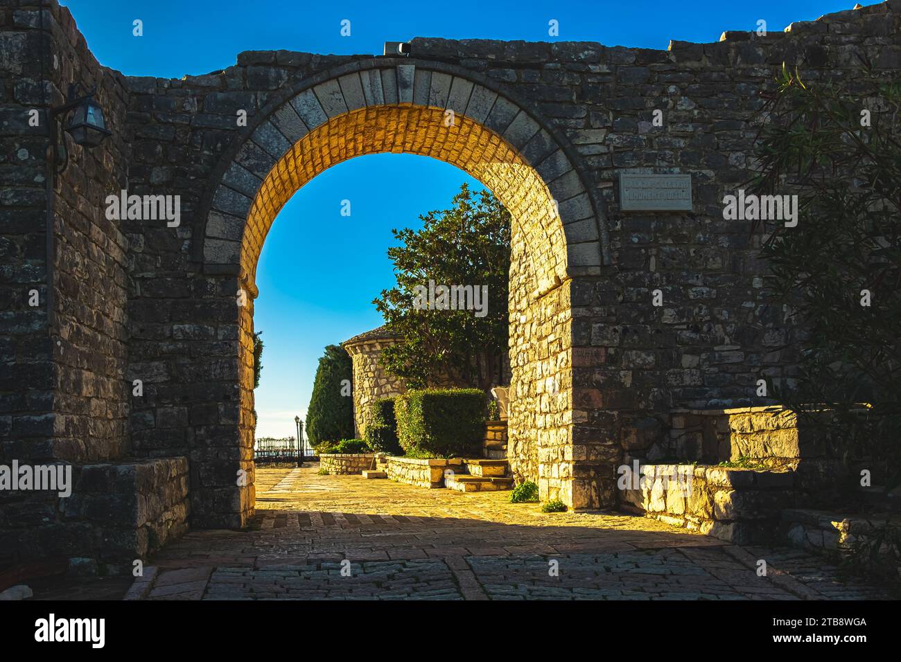 Entrance gate of Lekursi Castle Kajala e Lekuresit. Saranda Albania ...