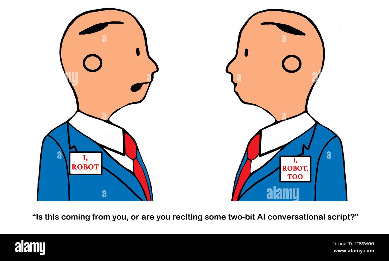 Color cartoon of one robot asking the other robot if is it using AI to ...