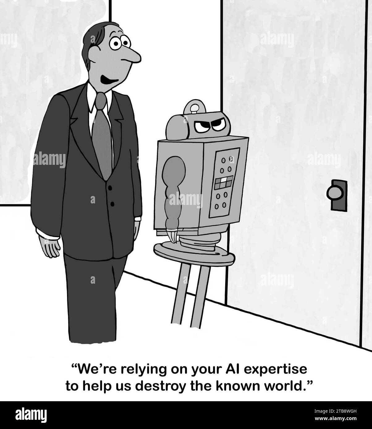 B&W illustration of a man talking to a robot and stating its AI will ...
