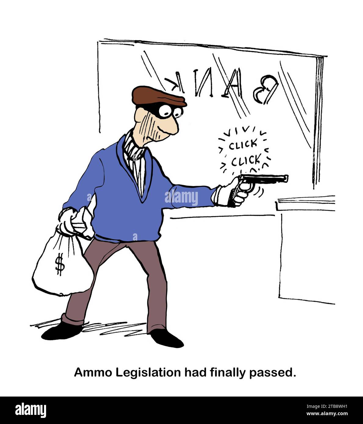 Color illustration of a male robber surprised that his gun has no ...