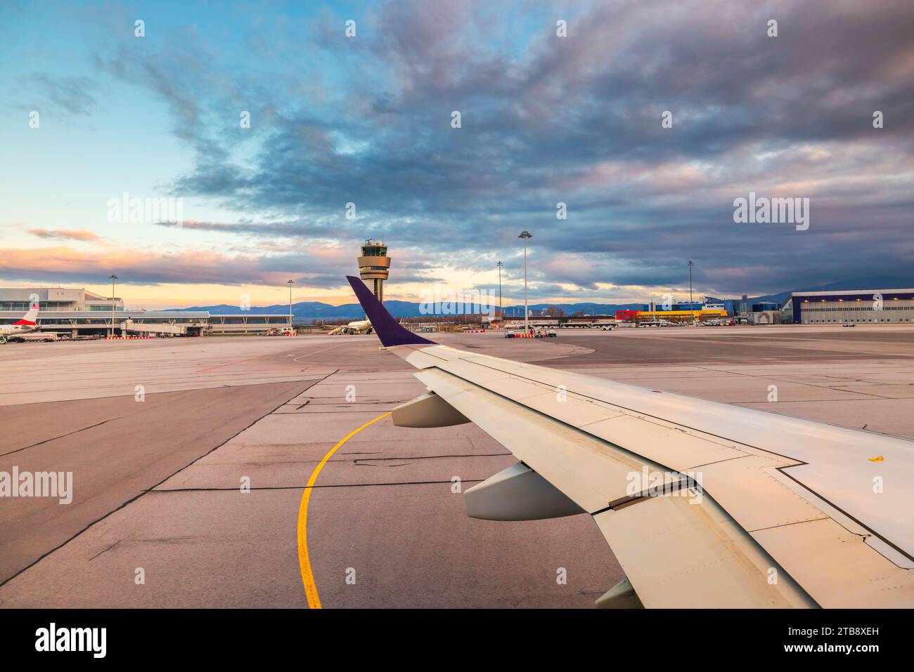 Airplane on the runway of international airport, control navigation ...