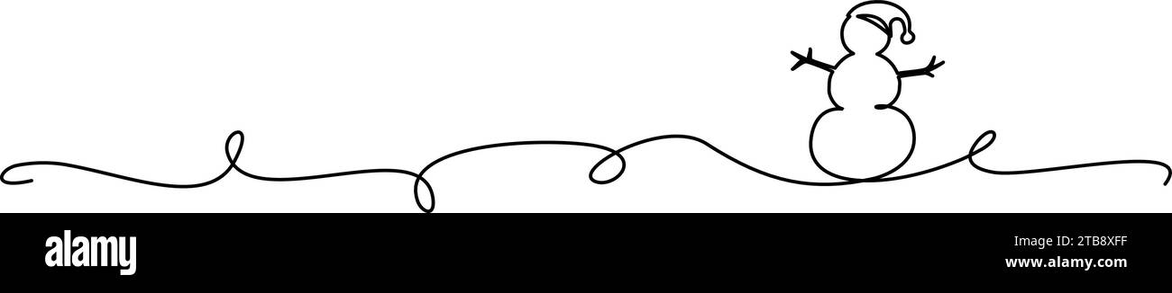 Merry Christmas decoration. Wavy line with snowman. Continuous one line ...