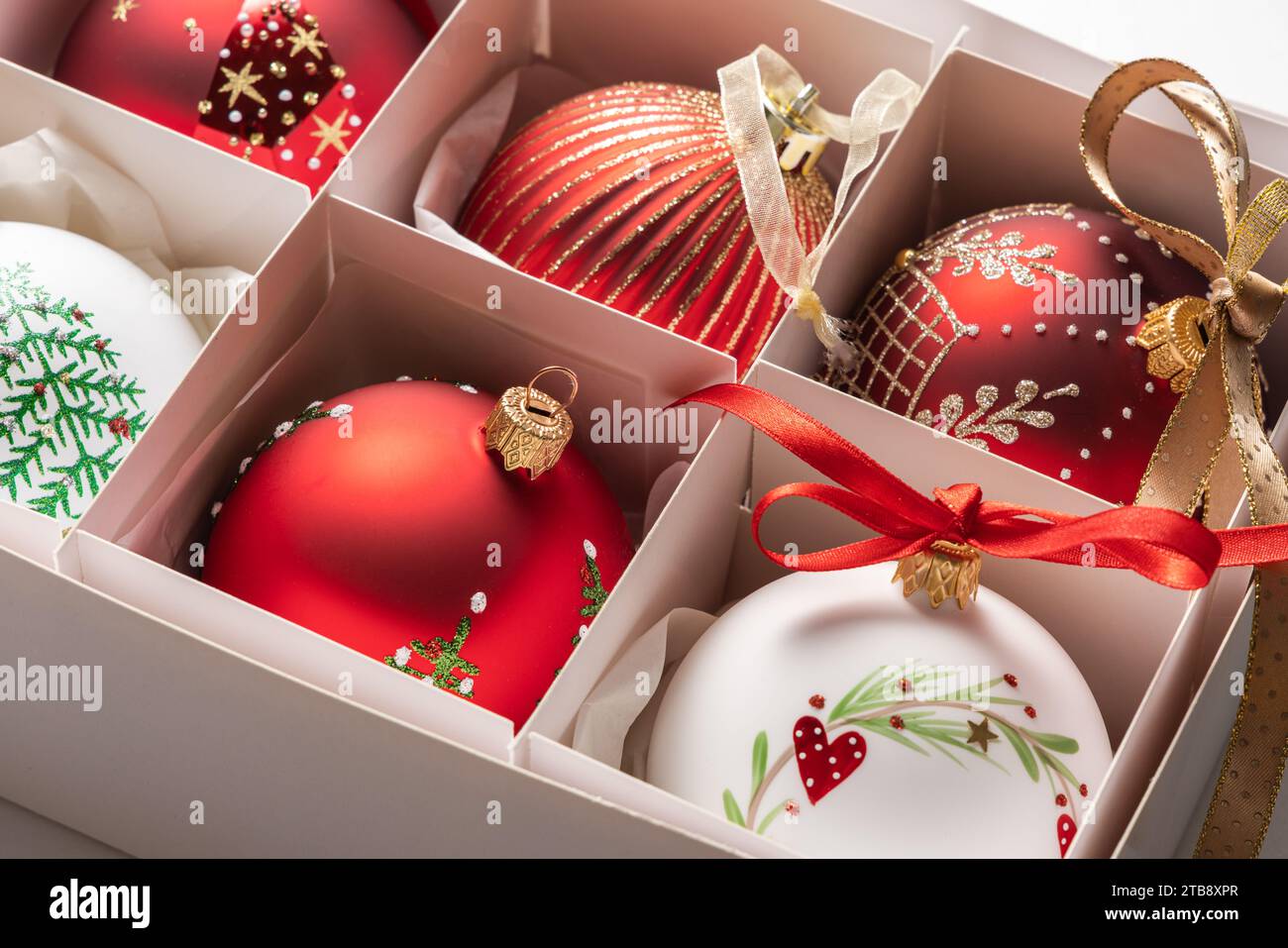 Christmas tree balls in a box on white background. Christmas decoration ...