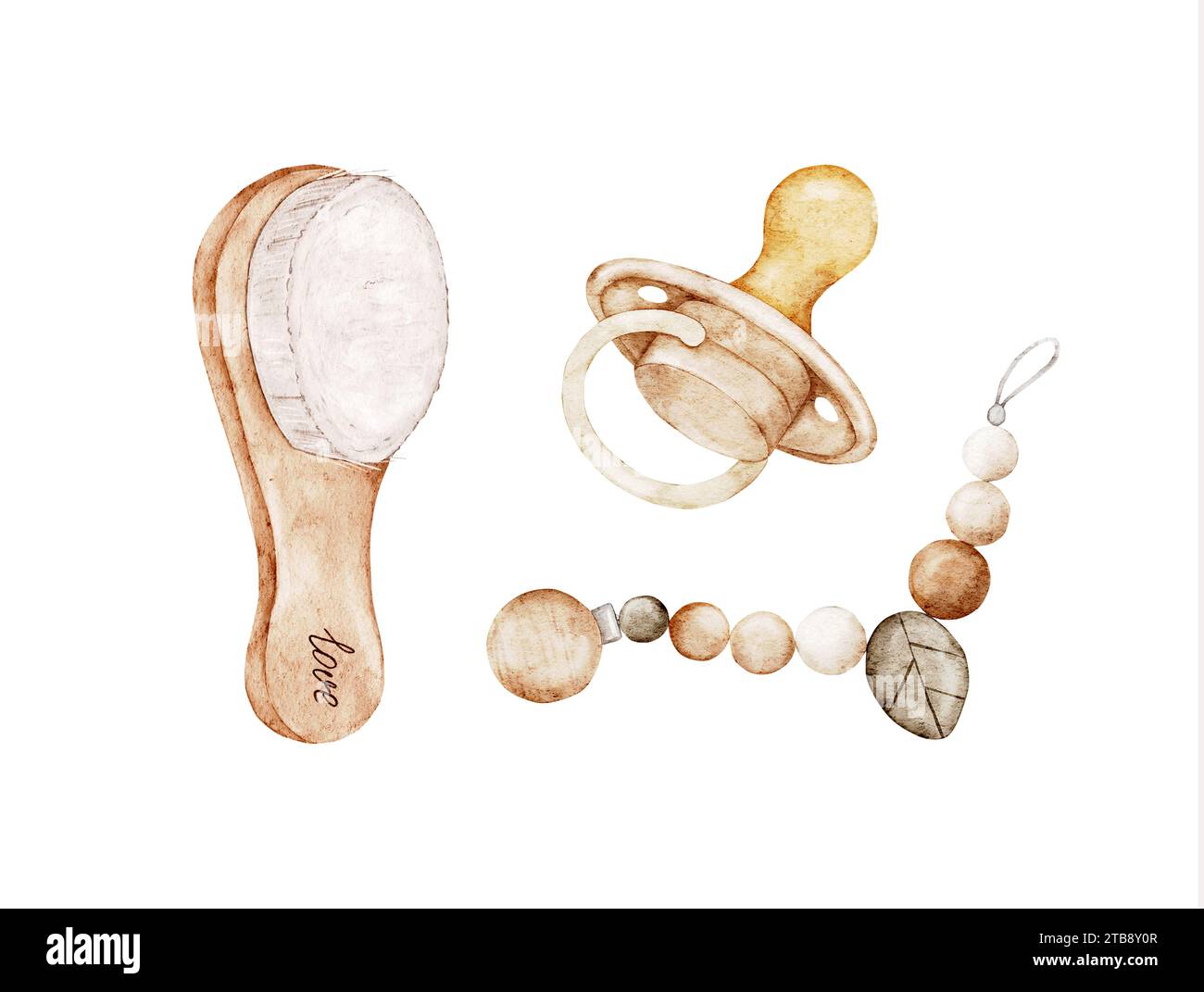 Baby wooden comb, pacifier and teether. Watercolor illustration of ...