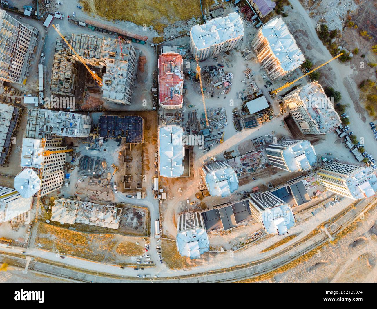 Top down view of construction site of new residential buildings with ...
