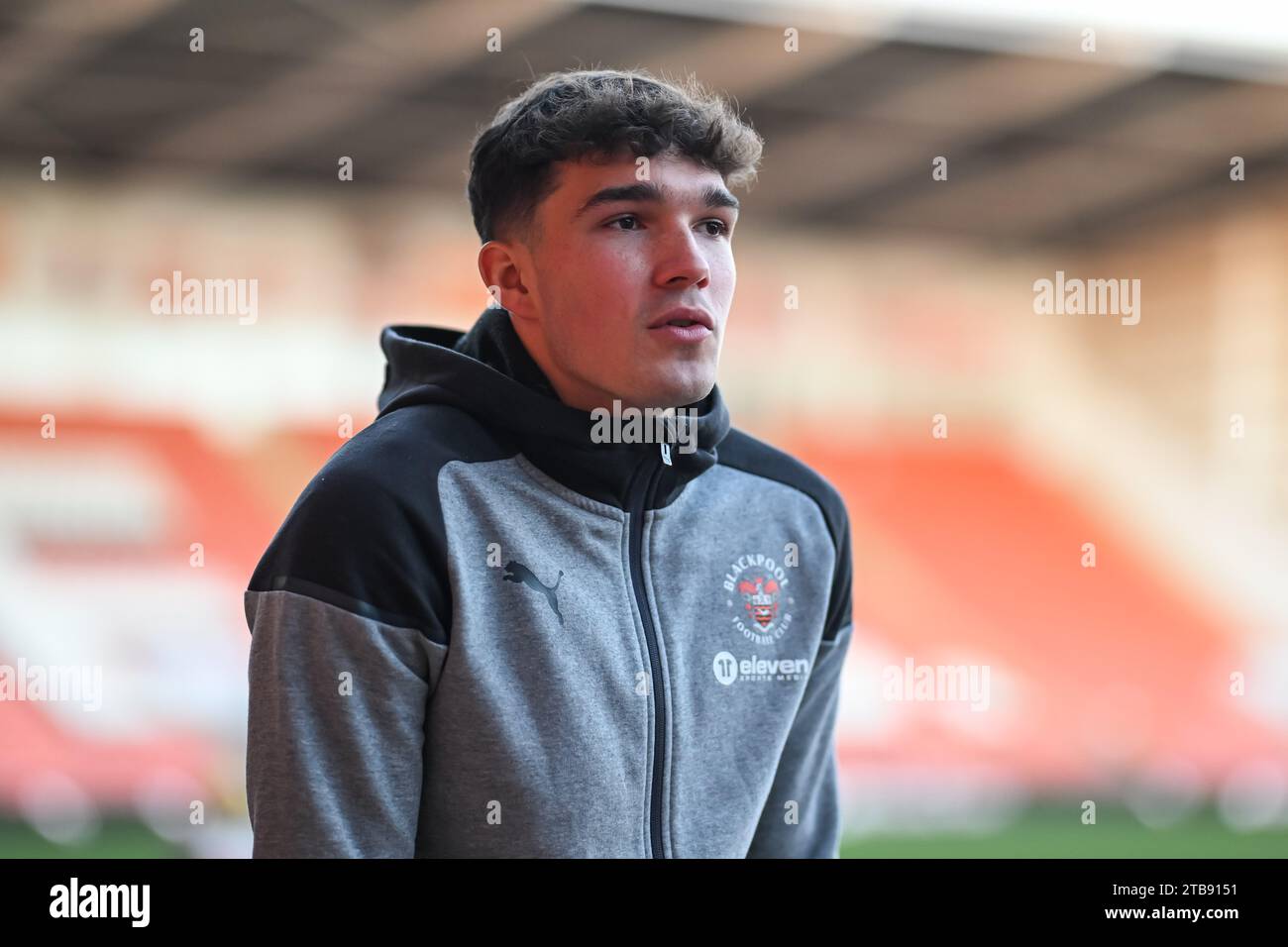 Kyle Joseph #9 of Blackpool arrives ahead of the Bristol Street Motors Trophy match Blackpool vs ...
