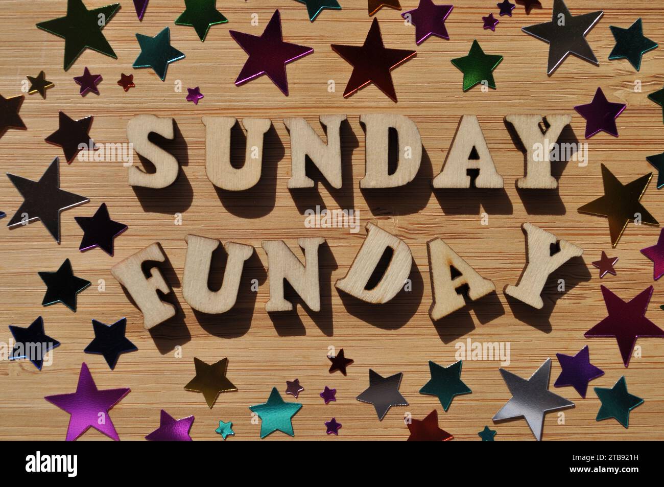Sunday Funday, words in wooden alphabet letters surrounded by colorful ...
