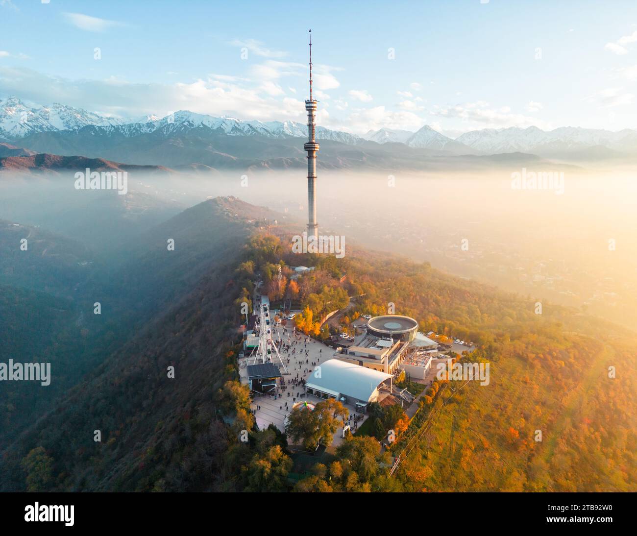Aerial view of Kok-Tobe hill with Television Tower and amusement park ...