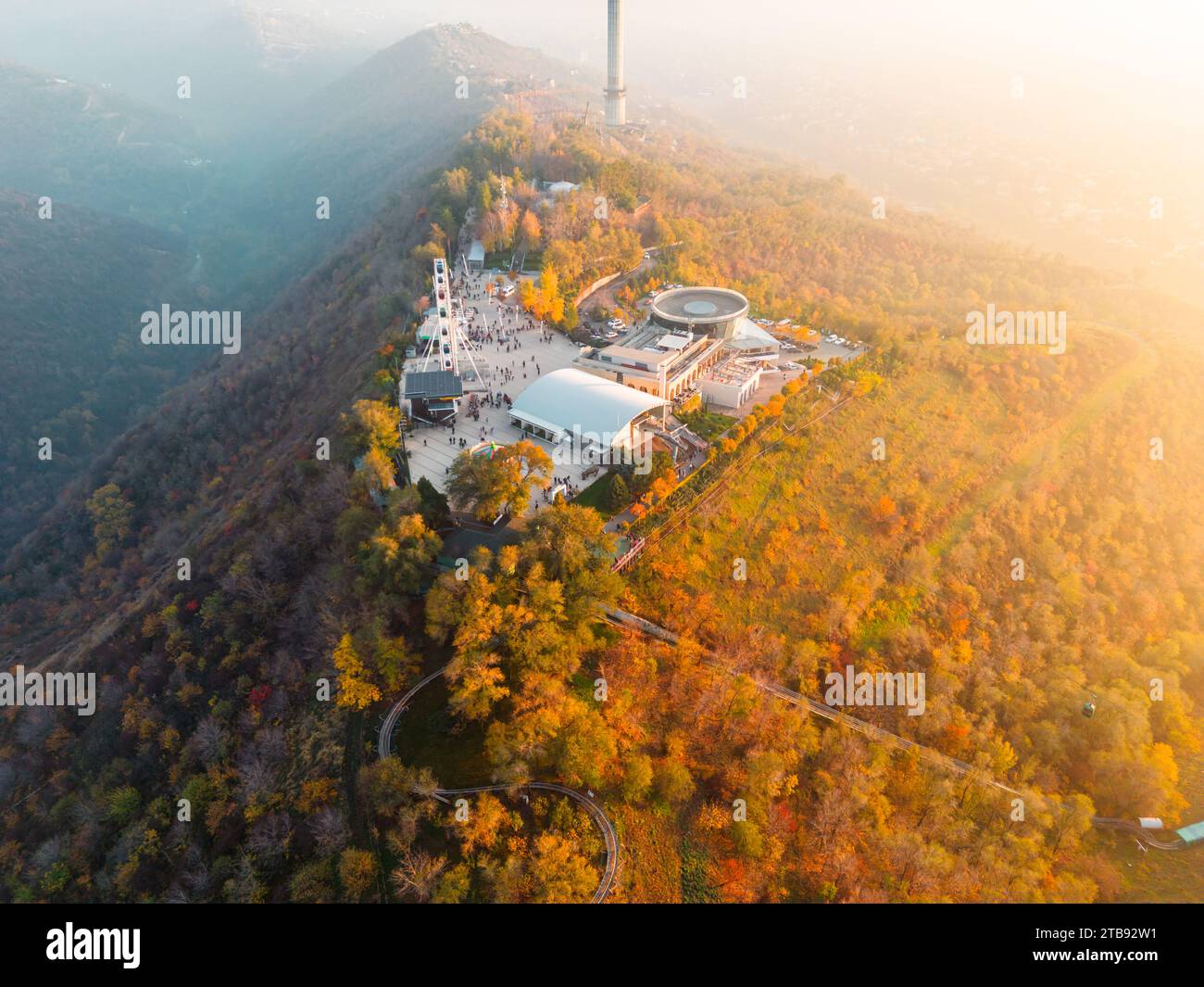 Aerial view of Kok-Tobe hill and amusement park in Almaty city Stock ...