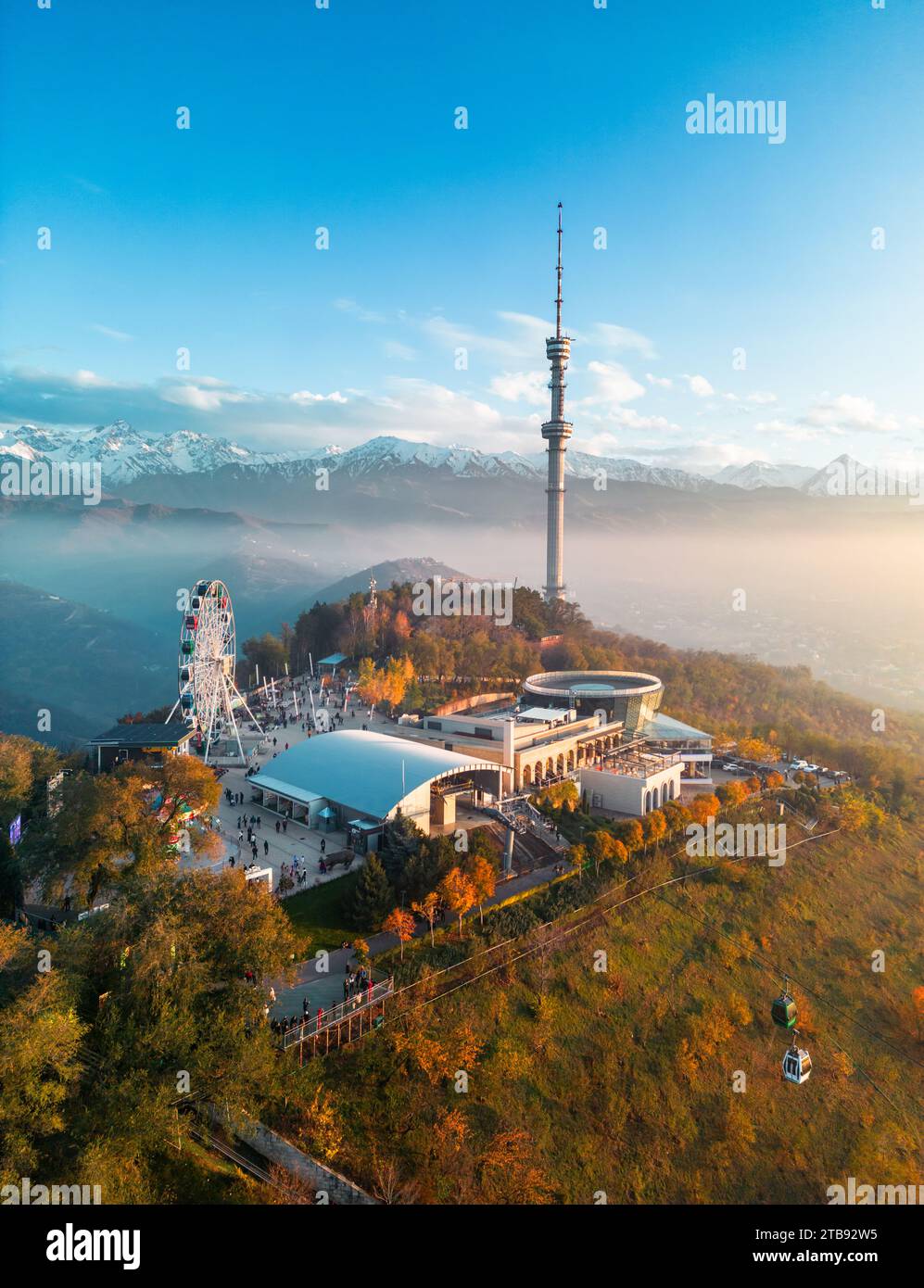 Aerial view of Kok-Tobe hill with Television Tower and amusement park ...