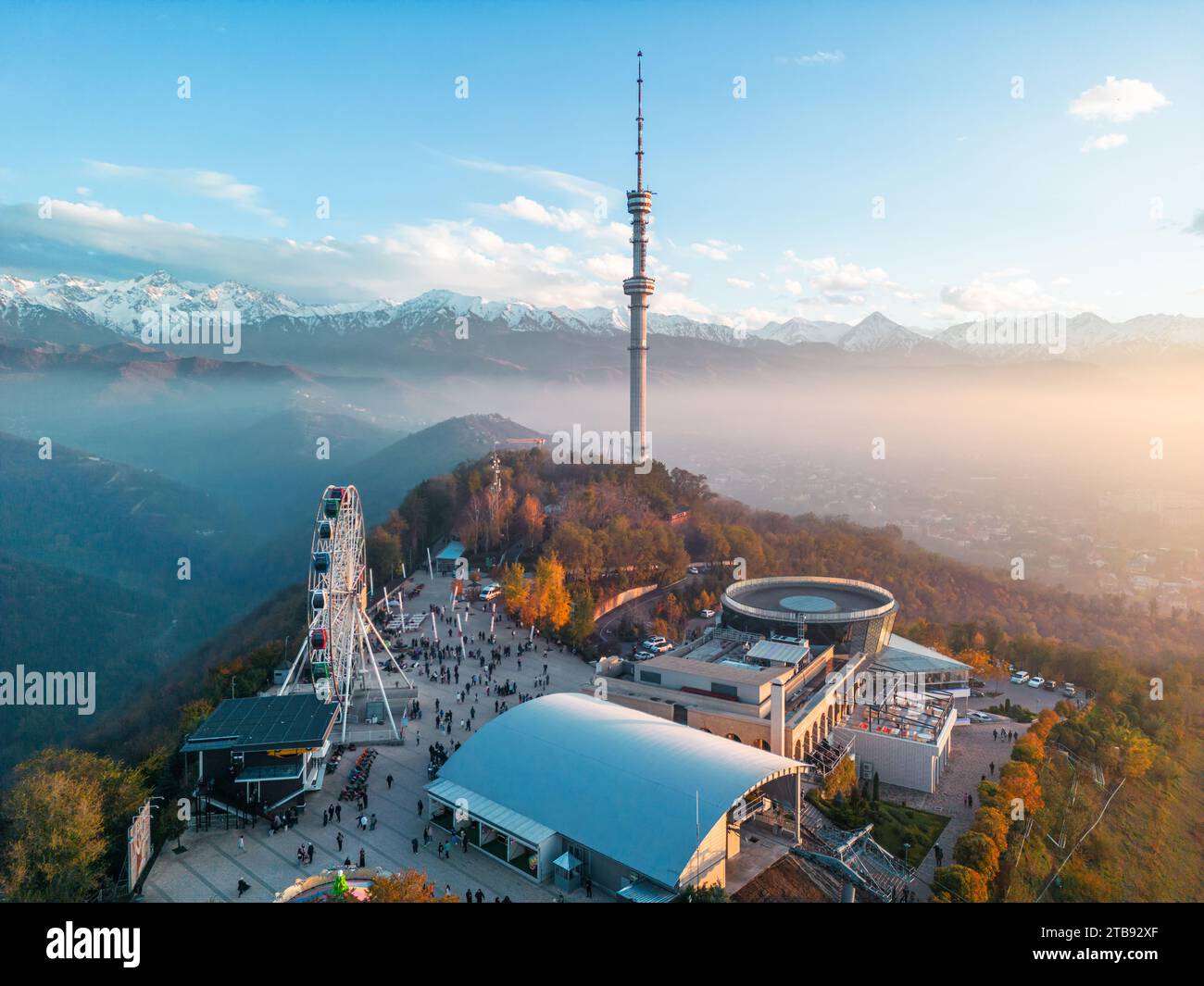 Aerial view of Kok-Tobe hill with Television Tower and amusement park ...