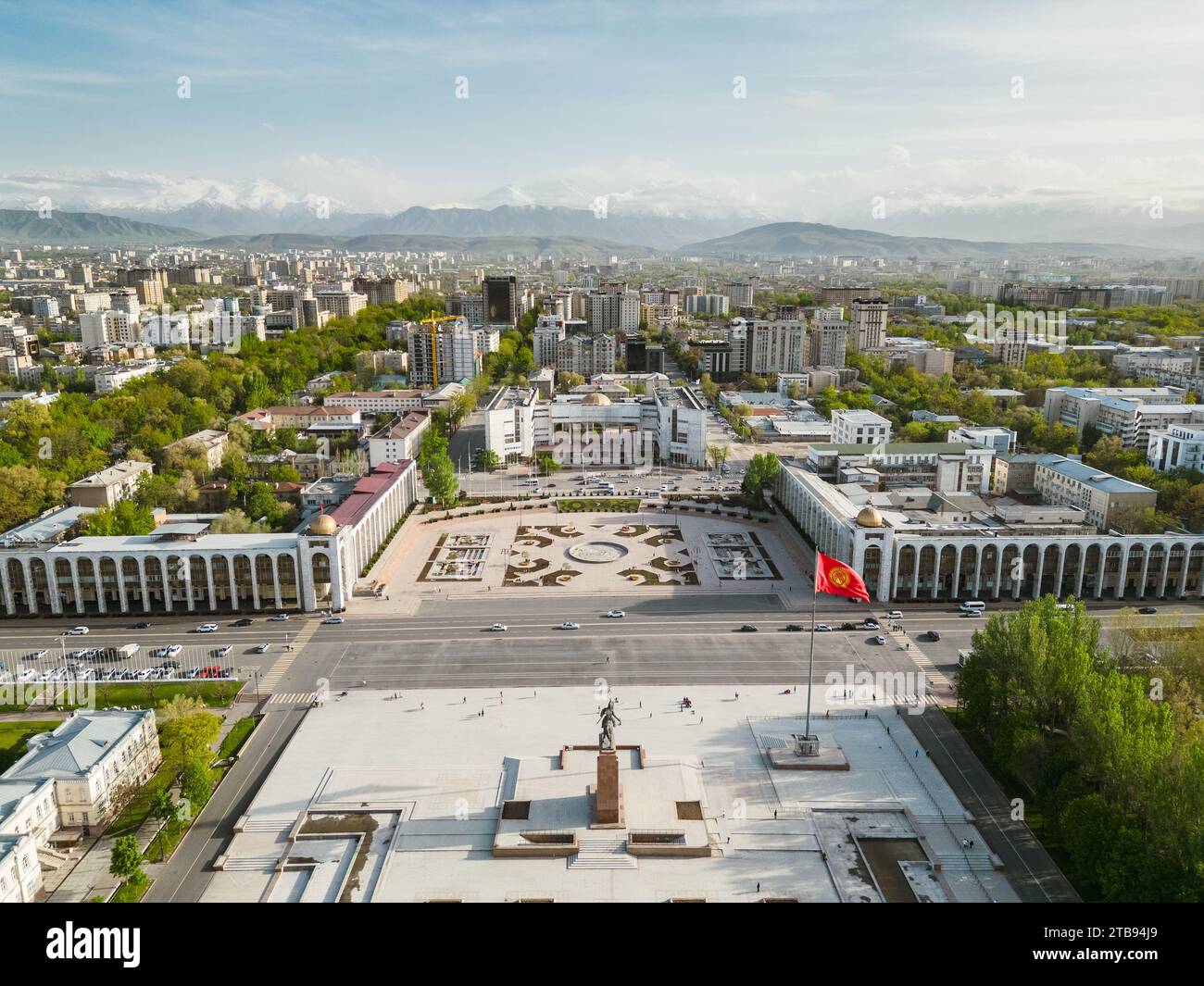 Aerial view of Bishkek city's Ala-Too central square with waving flag ...