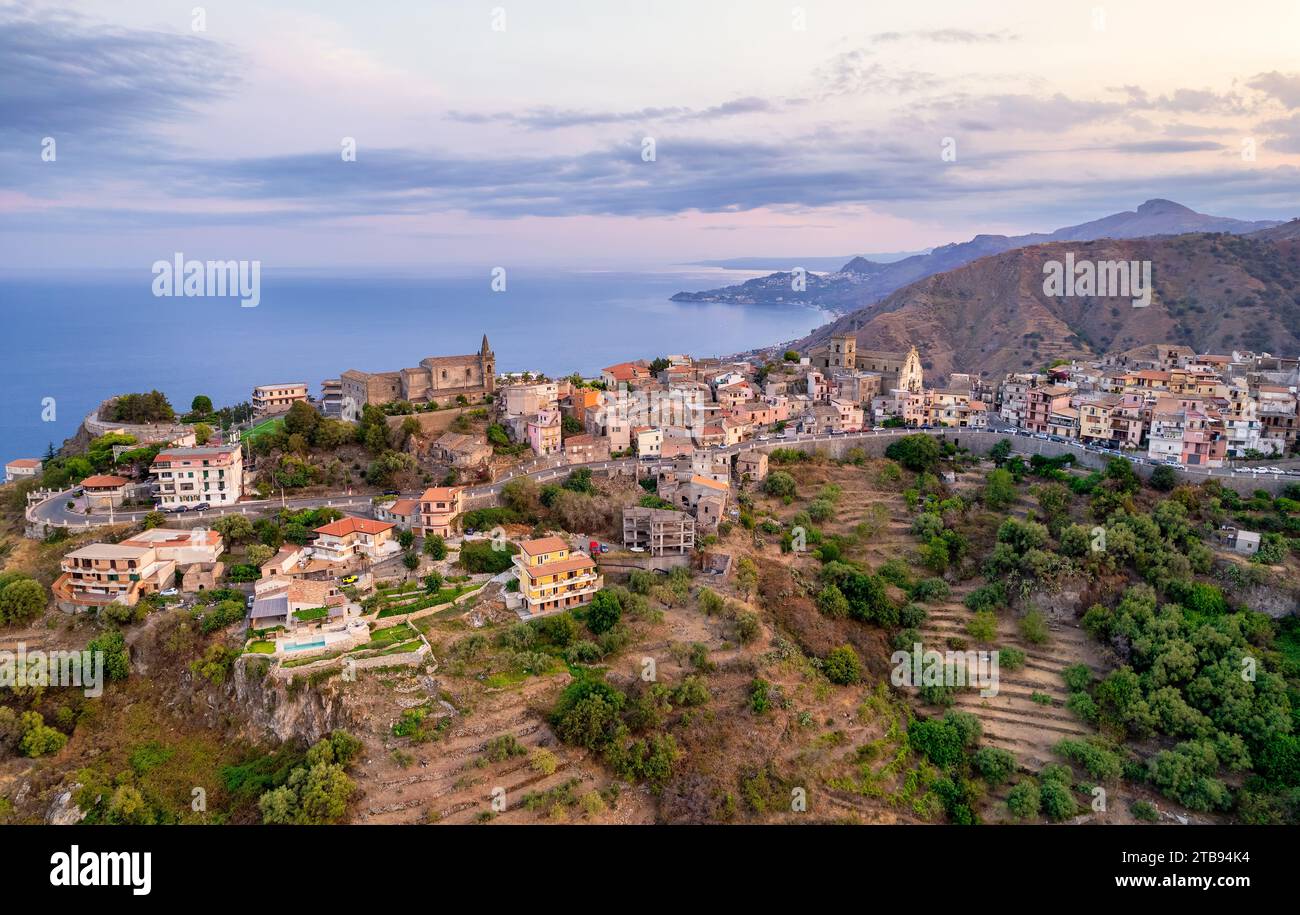 Aerial view of Forza D'Agro, Sicilian historical city on the rock and ...