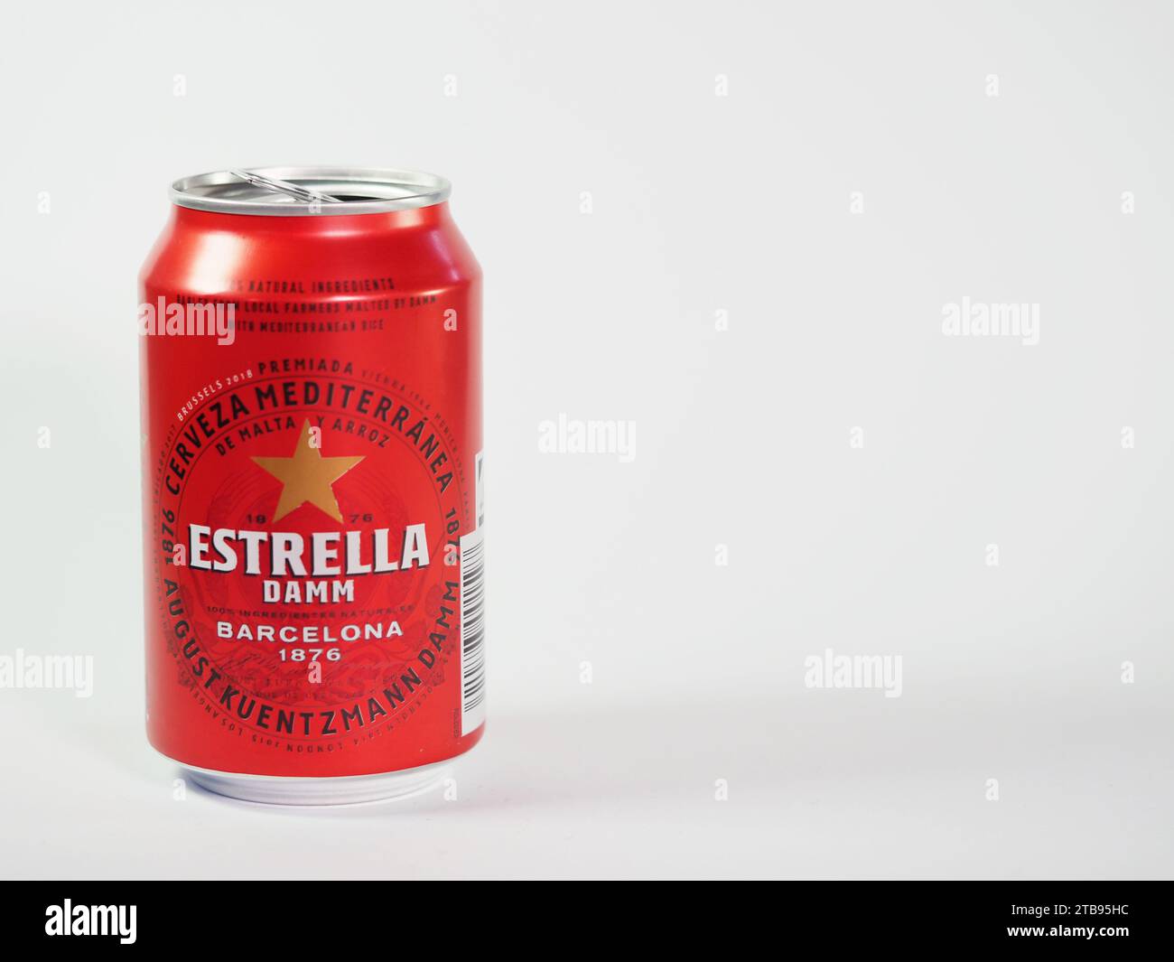 This photo illustration shows a can of Estrella Damm Medetiraien Lager ...