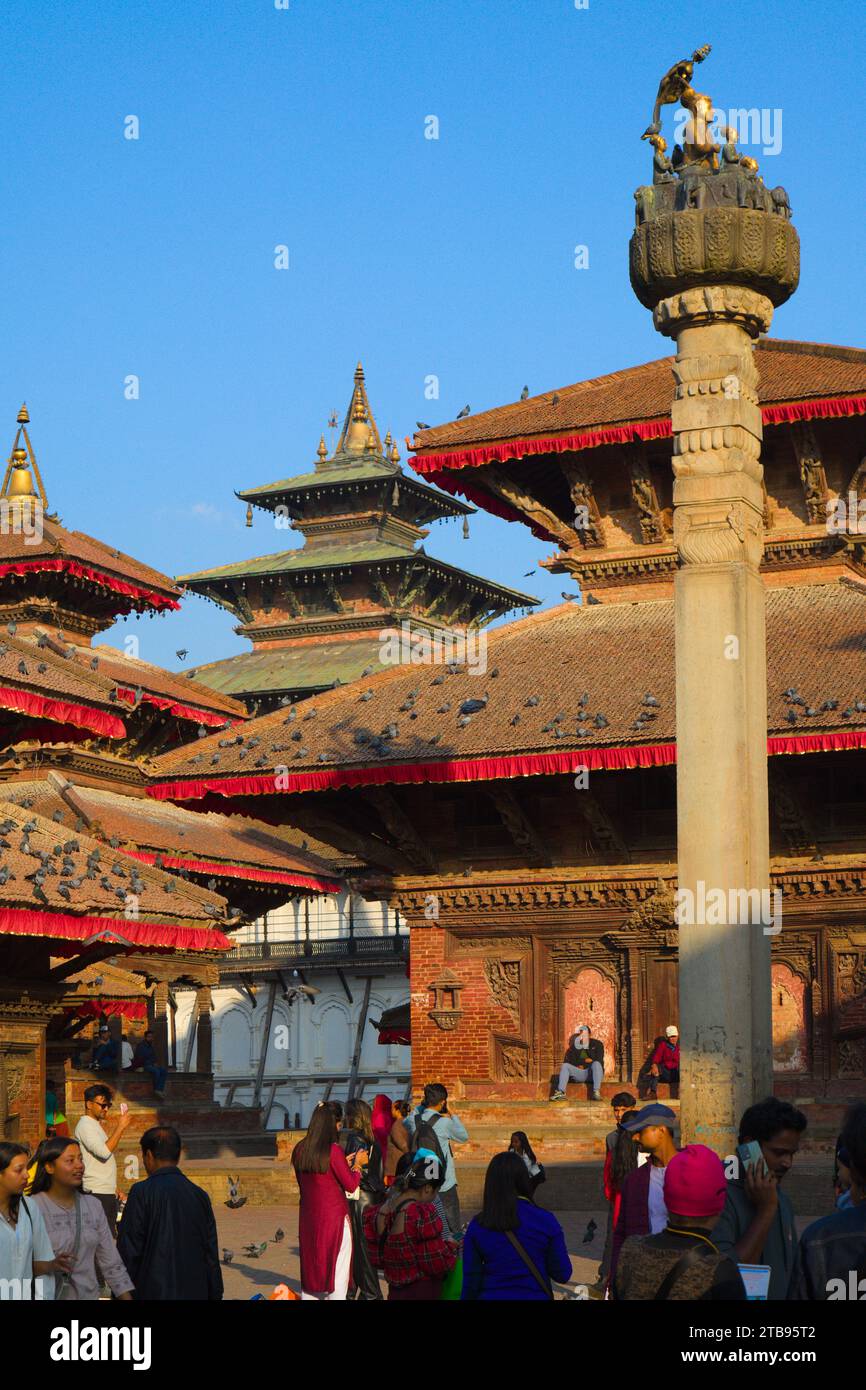 Nepal, Kathmandu, Durbar Square, King Pratap Malla statue, temples ...