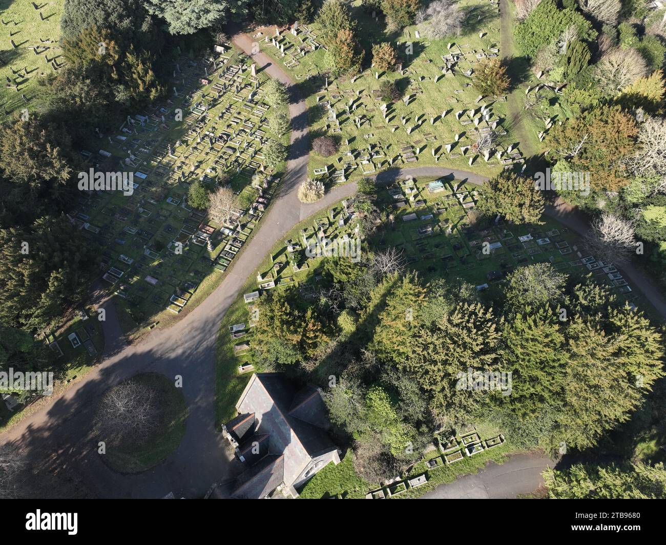 Aerial drone view, over the graveyard at Locksbrook Cemetery, Bath UK ...