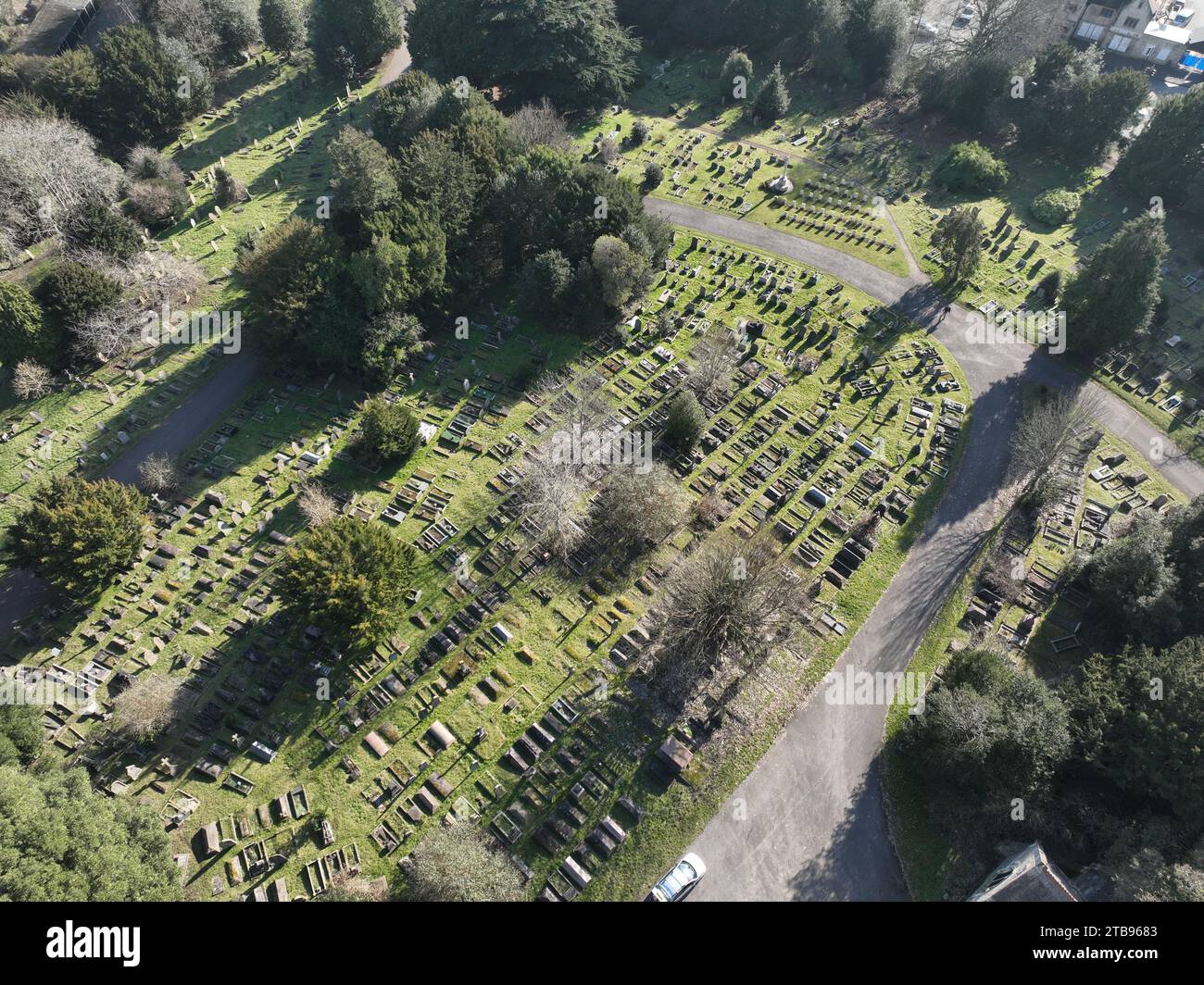 Aerial drone view, over the graveyard at Locksbrook Cemetery, Bath UK ...