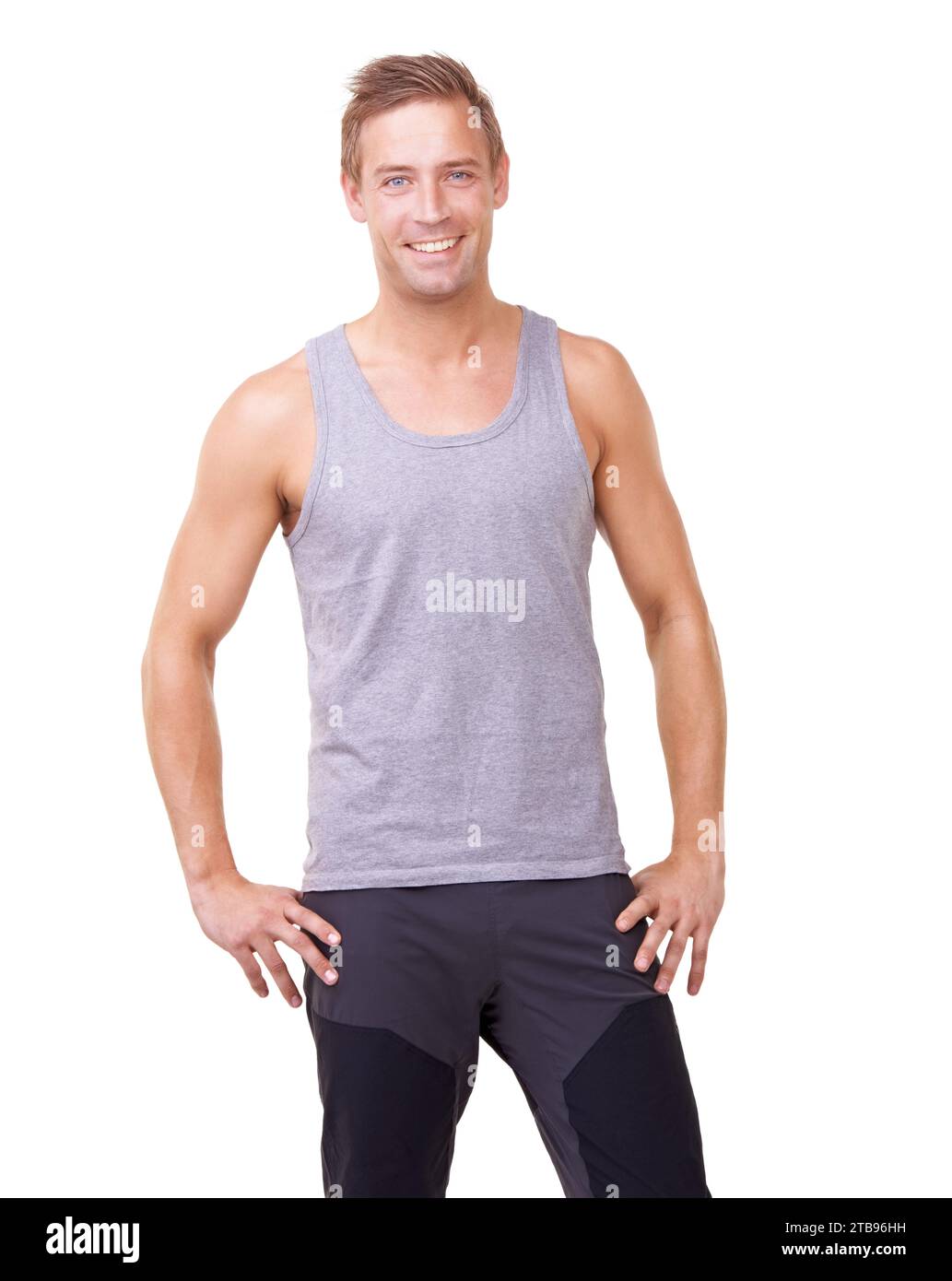 Portrait, man and hands on hips for fitness, studio and happy with ...
