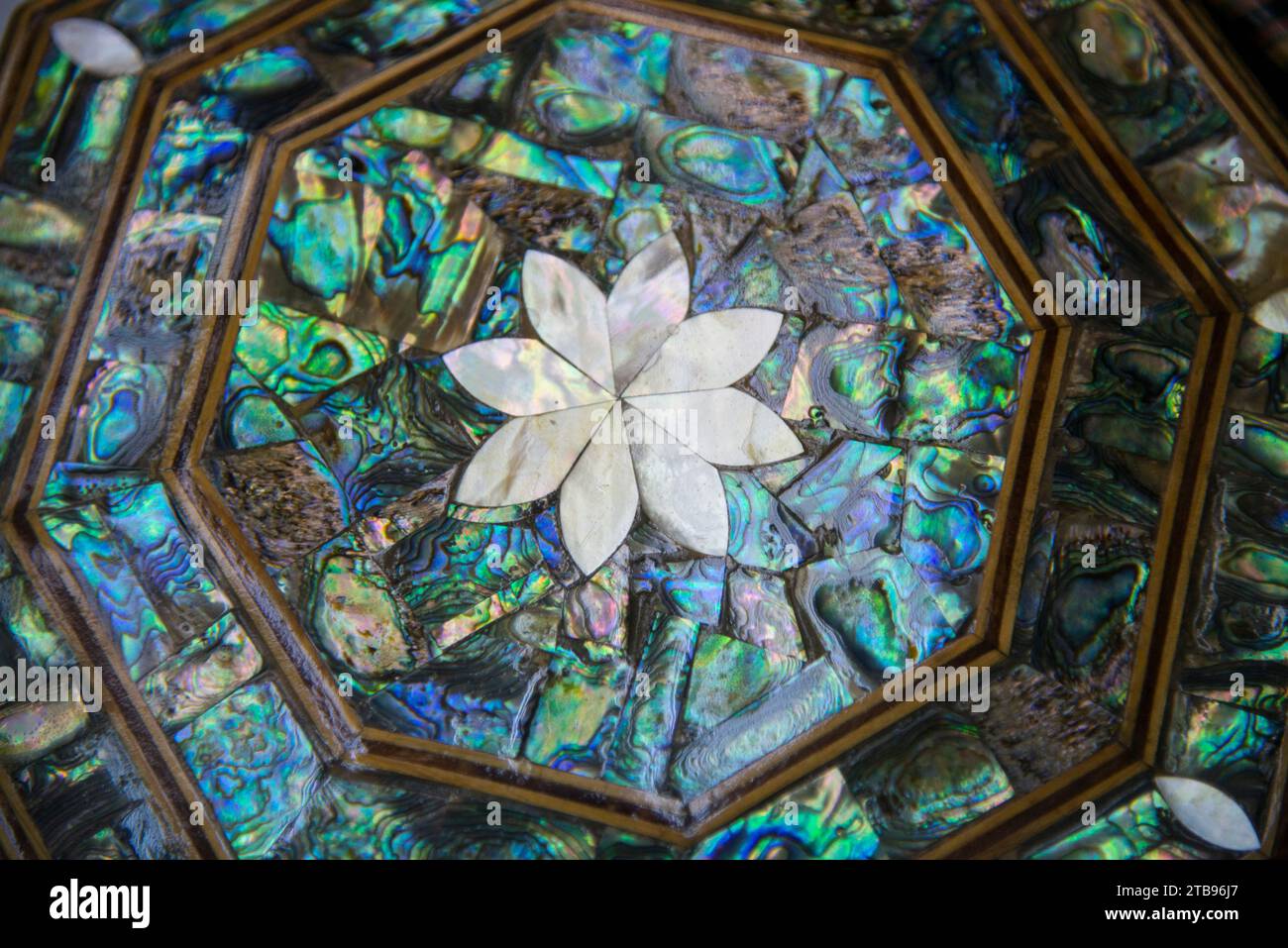 Shallow bowl of inlaid mother of pearl in the market at Muscat; Muscat ...