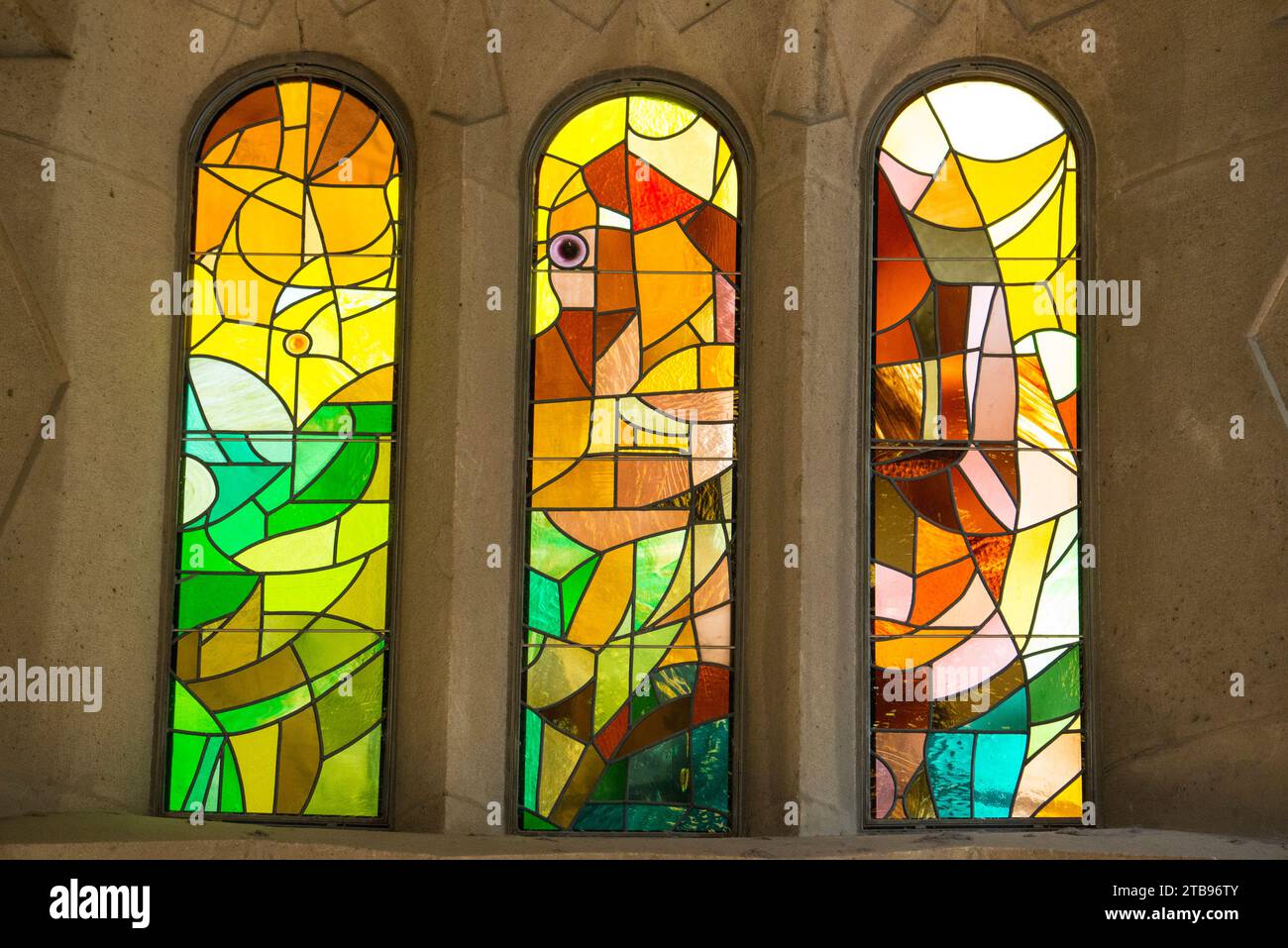 Stained glass arched windows in the Sagrada Familia Cathedral ...