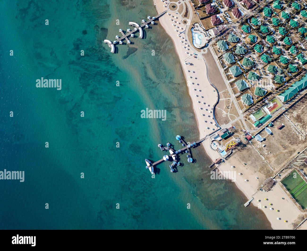 Aerial view of resort apartments in Issyk Kul lake during winter Stock ...