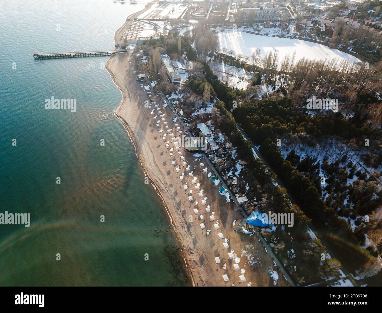 Aerial view of resort apartments in Issyk Kul lake during winter Stock ...