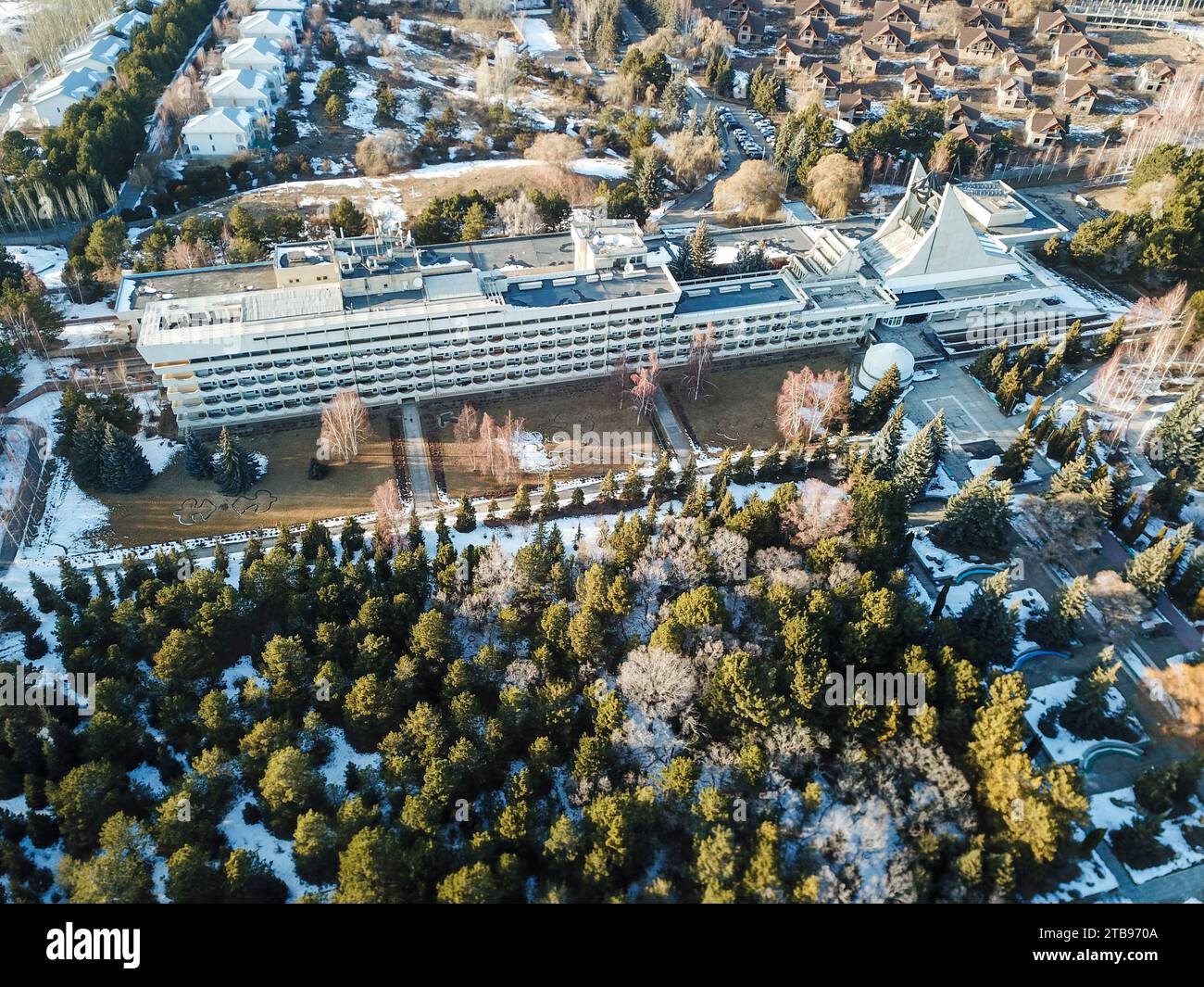 Aerial view of resort apartments in Issyk Kul lake during winter Stock ...