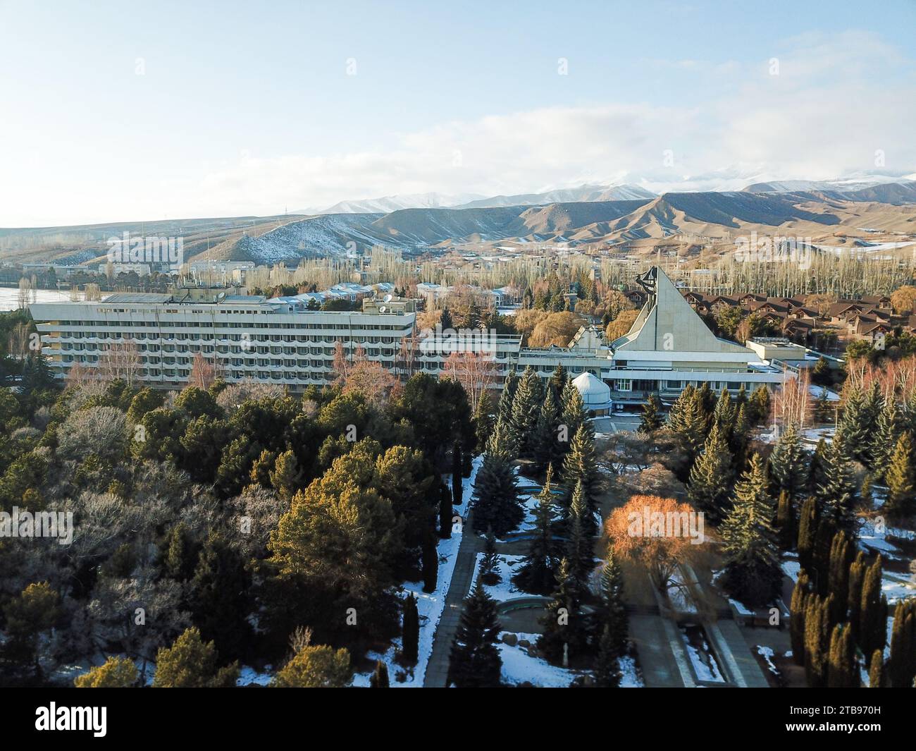 Aerial view of resort apartments in Issyk Kul lake during winter Stock ...