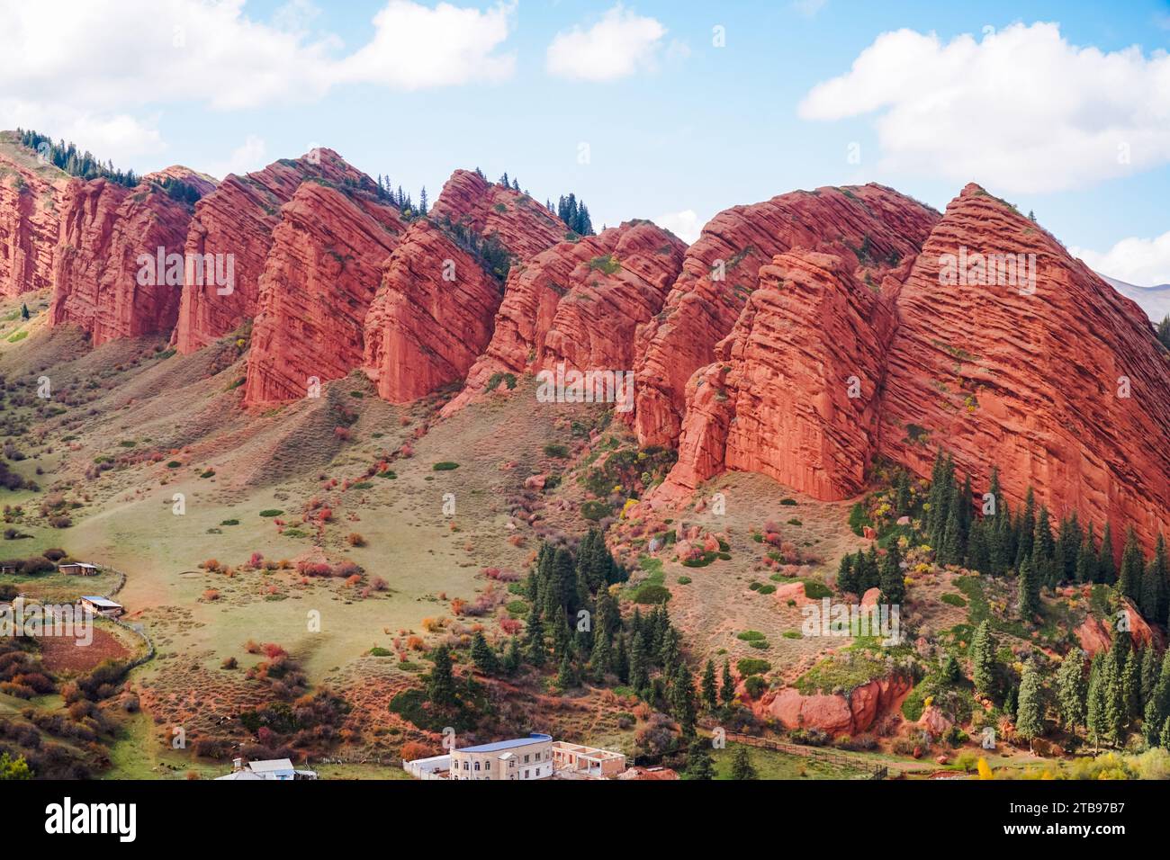 Aerial view of Jeti-Oguz gorge with huge red-brown cliffs Stock Photo ...