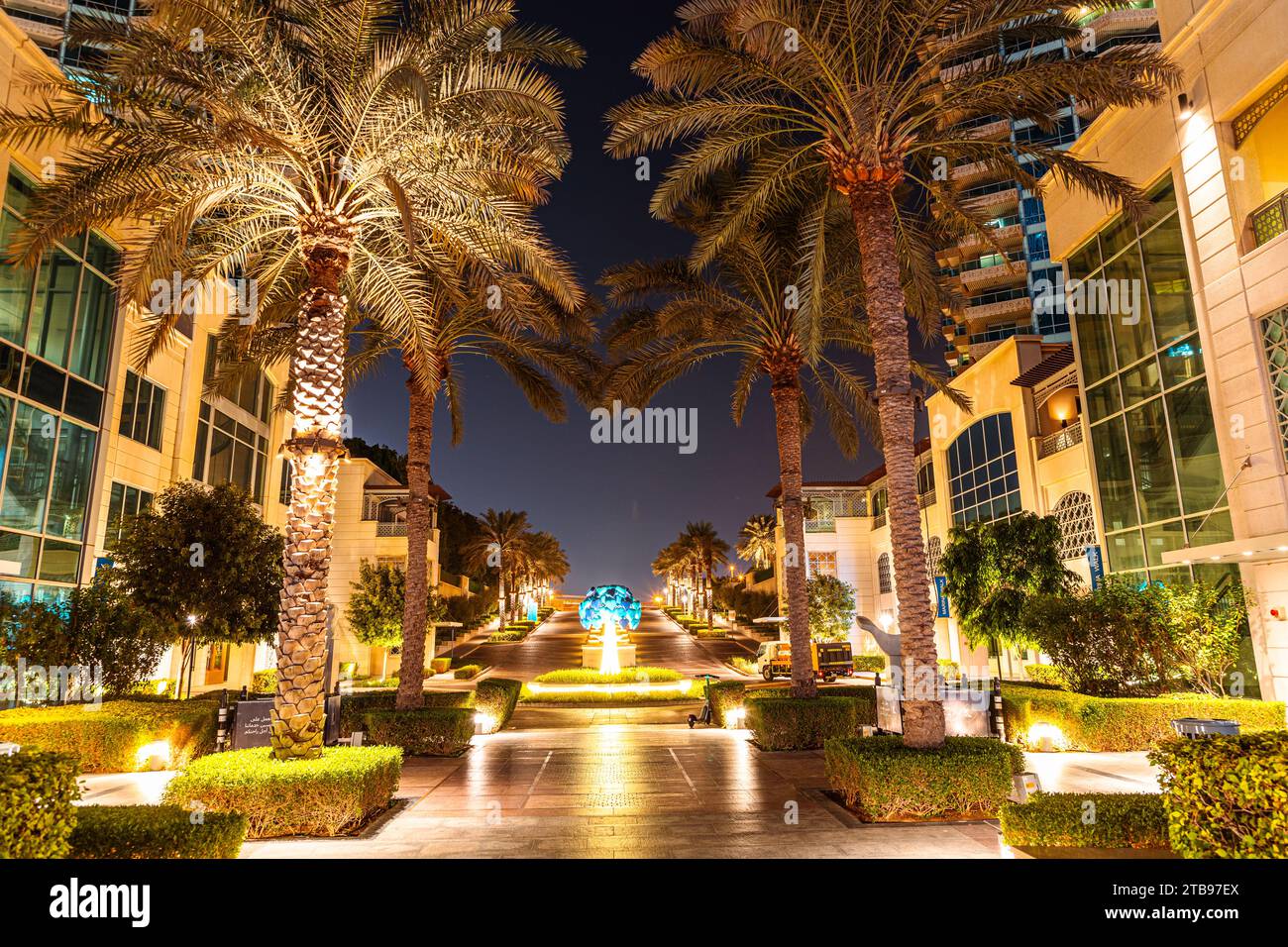 Dubai Marina Walk at night. Seven kilometers palm-lined waterfront ...