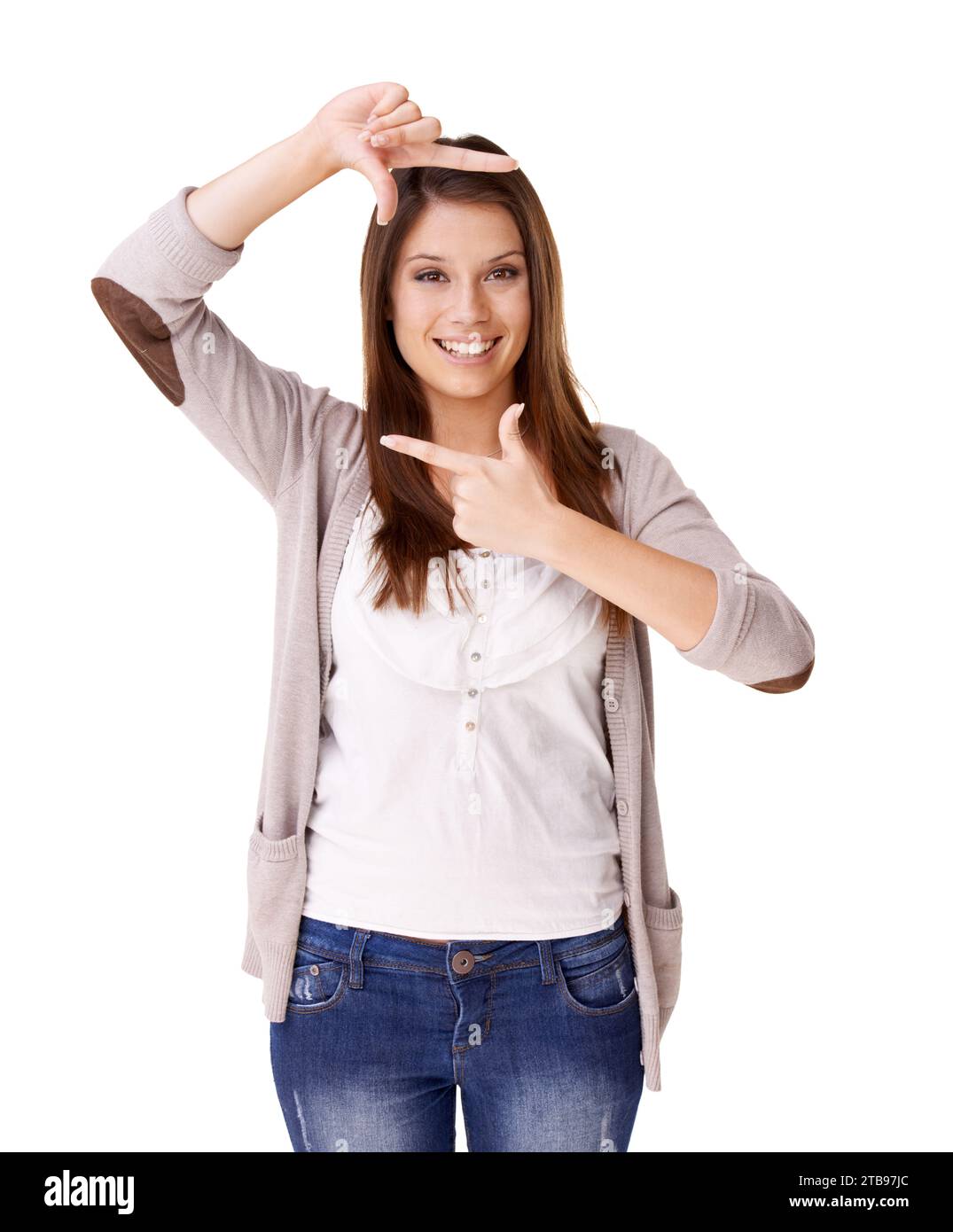 Hands, portrait and woman with selfie frame in studio for photography ...