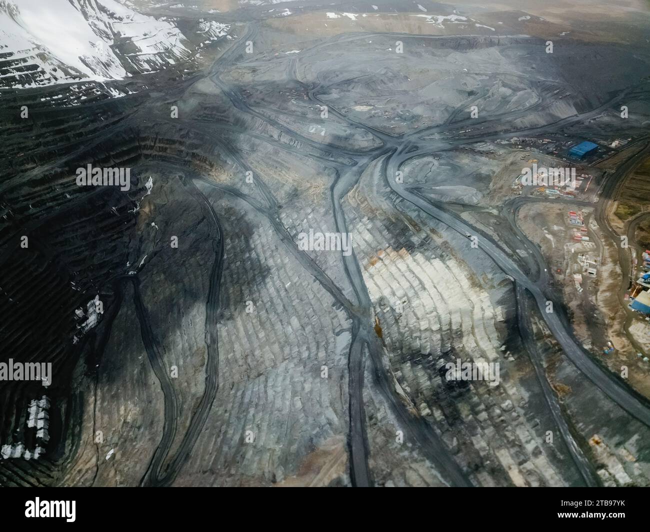 Aerial view of the Kumtor gold mine in Kyrgyzstan, Issyk-Kul region ...