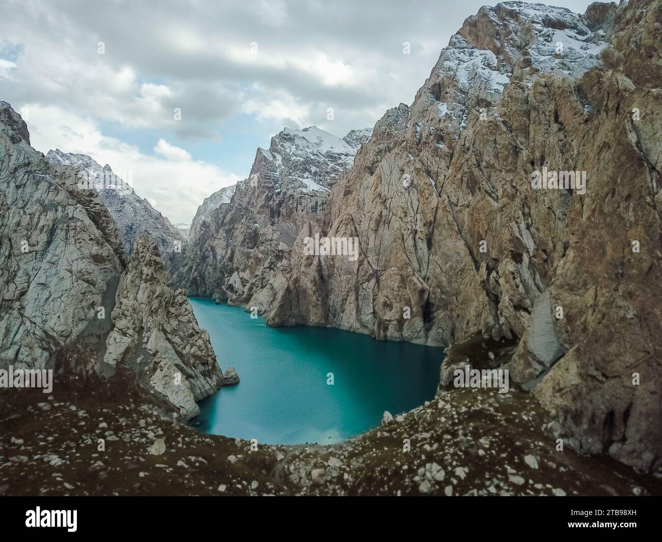 Aerial view of beautiful mountain Kel-Suu lake in Kyrgyzstan with ...