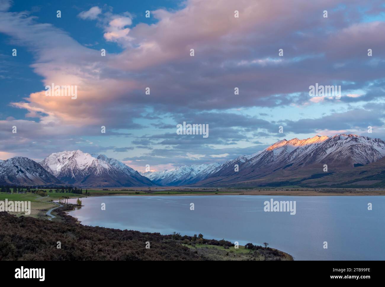 Sunset over the scenic Ben Ohau Range and Lake Ohau; Twizel, South ...