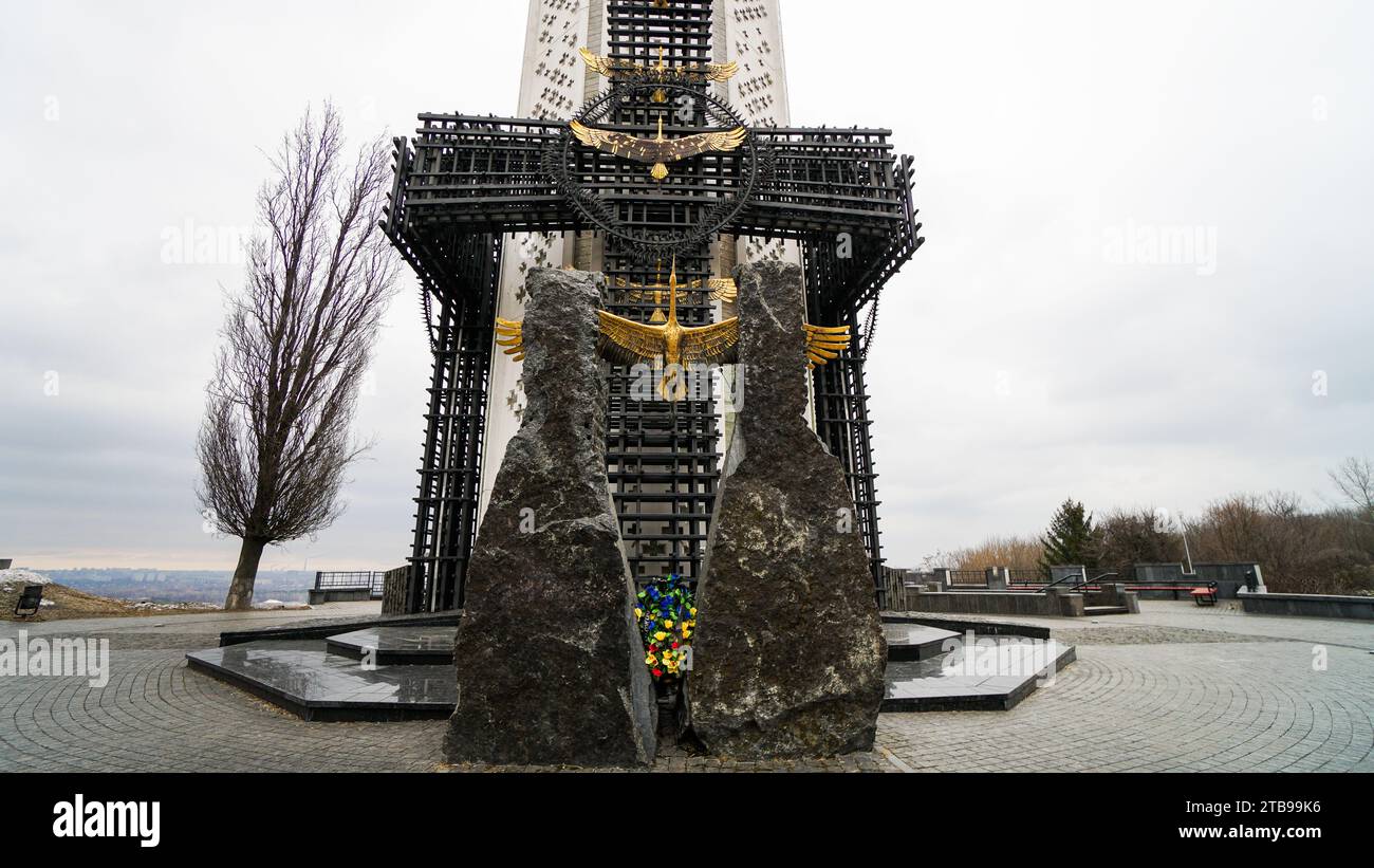 Kiev, Ukraine - March 6, 2019: Monument with bronze figure of stork ...